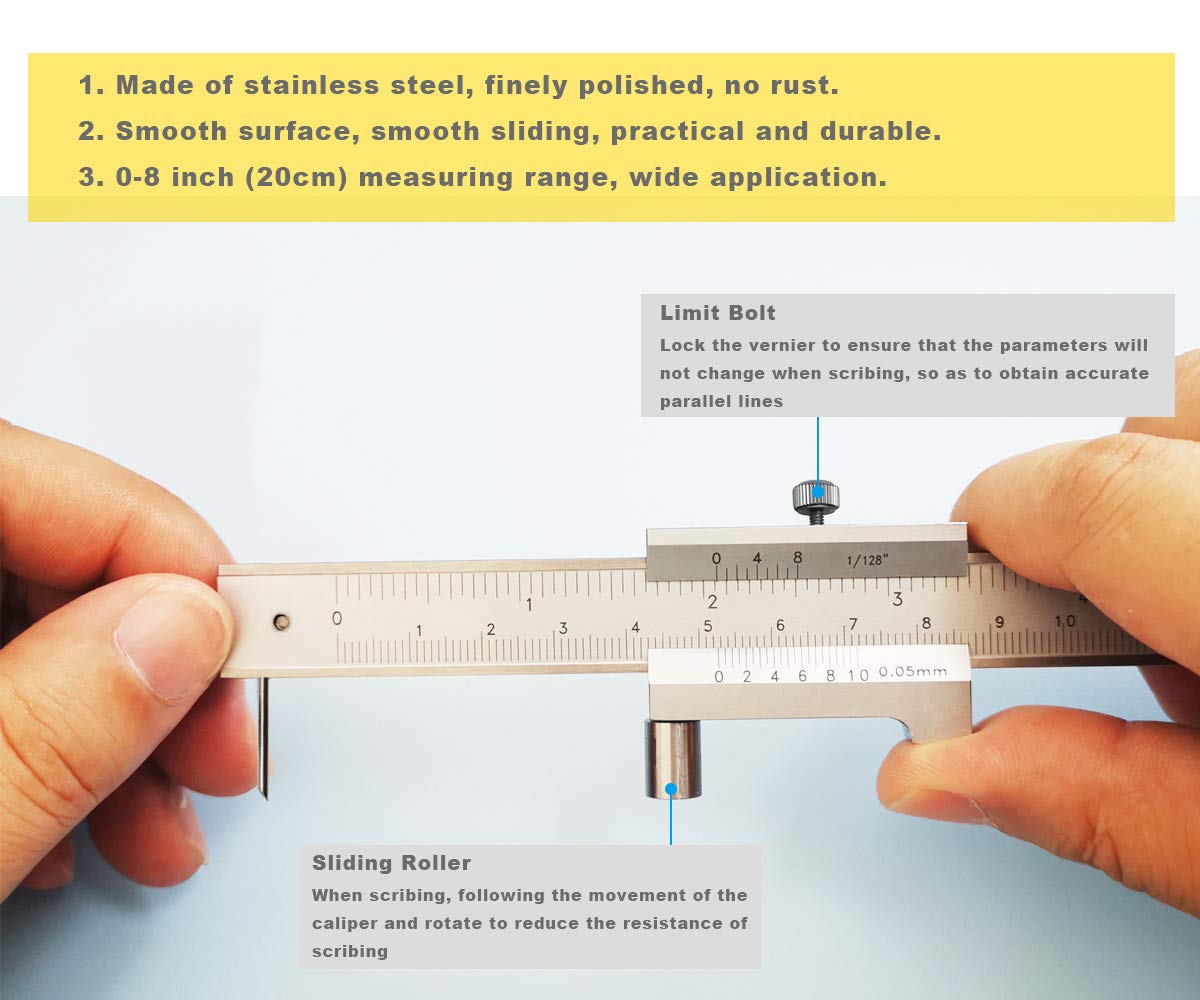 ZLKSKER Parallel Crossed Caliper 0-20cm (0-8 inch) with 2 Carbide Scriber/Needle, Stainless Steel Vernier Calipers, Marking Gauge, Marking Tool