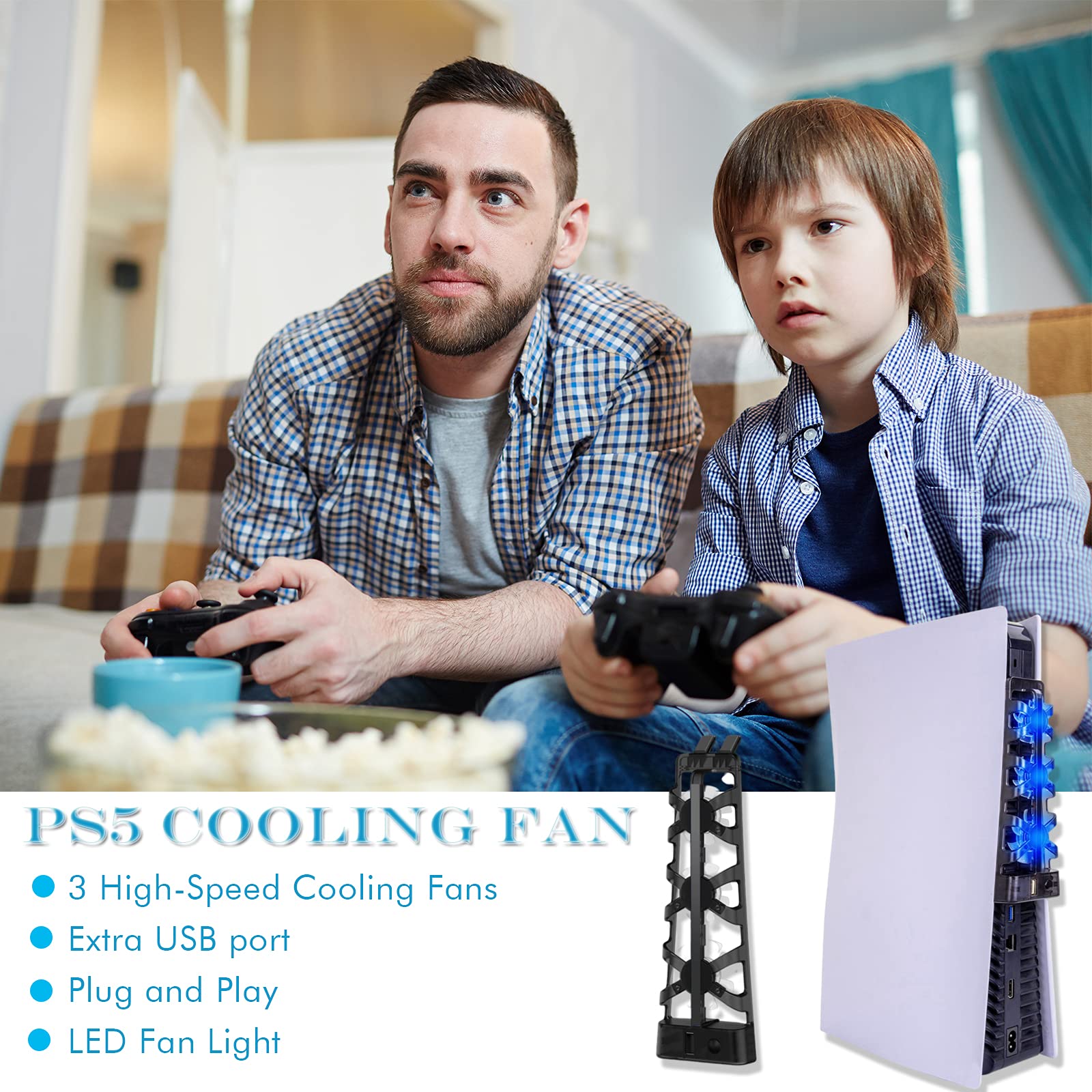 PS5 Stand Cooling Fan for PS5 Digital & Dics Version, Megadream USB External Cooler Fan Game Console Mini Cooling System for Playstation 5, 3 High-Speed USB Fans | External USB Charger Port