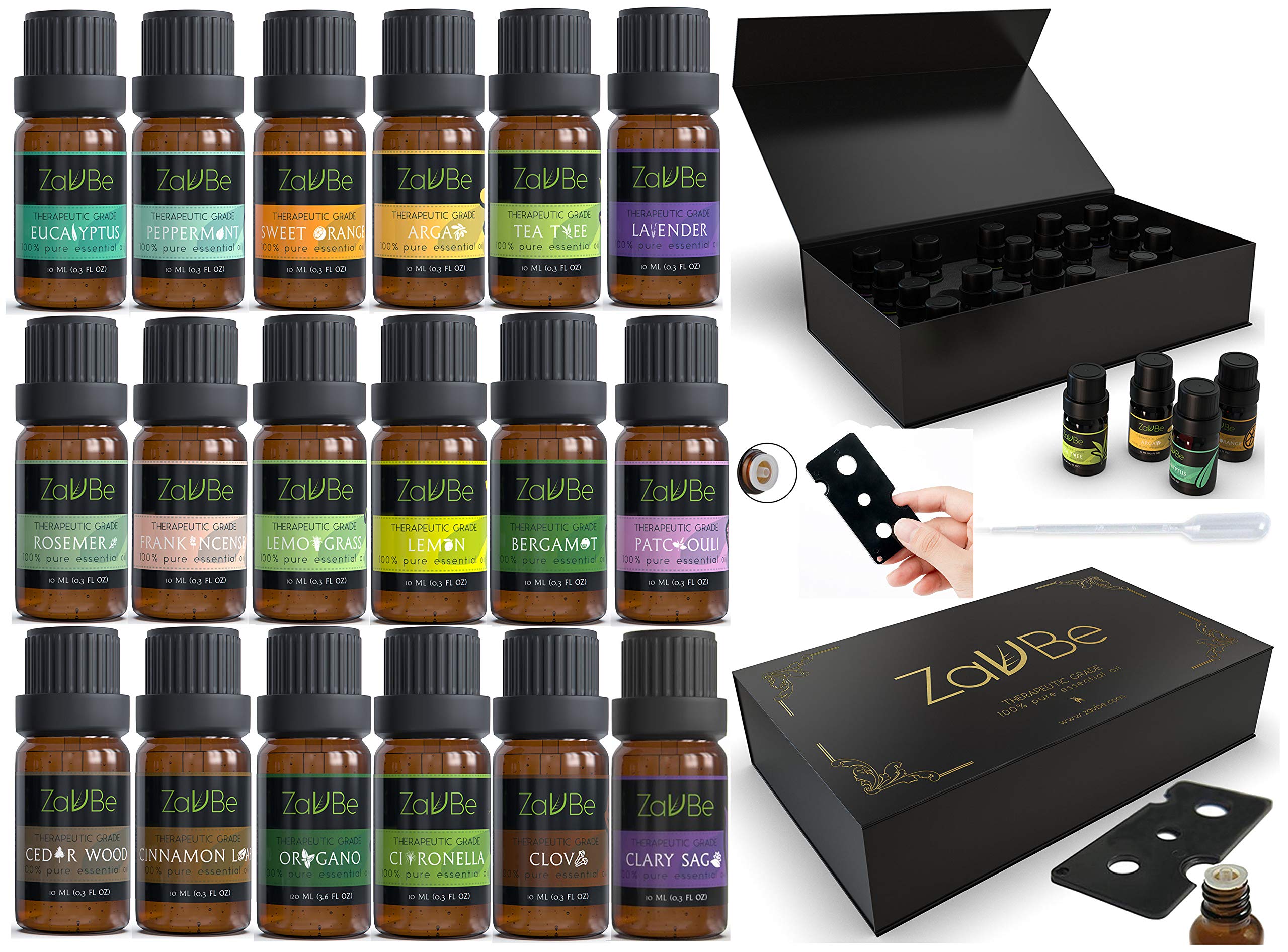 MABUA 18 Essential Oil Set with 20 Holes Case Natural Therapeutic 100% Diffuser Aromatherapy Grade Lavender Lemon Peppermint TeaTree Argan Frankincense Bergamot Lemon