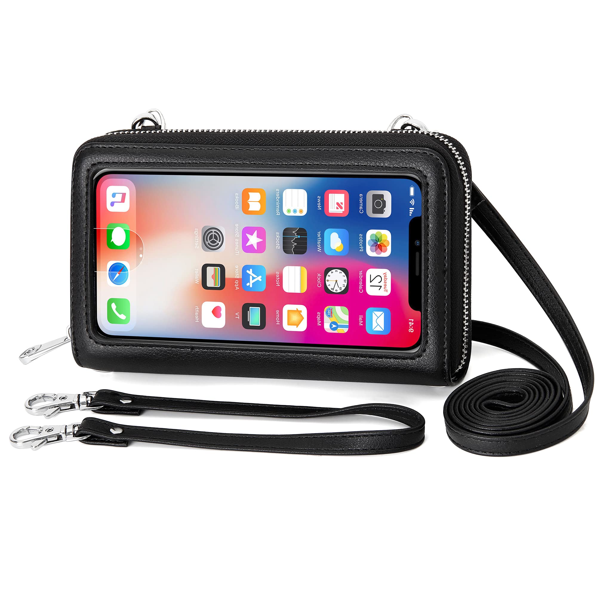 Small Purses for Women Cell Phone Crossbody Bag Large Capacity Wallet Zip Around with Clear Window and Wristlet(Black Thumb Hole)