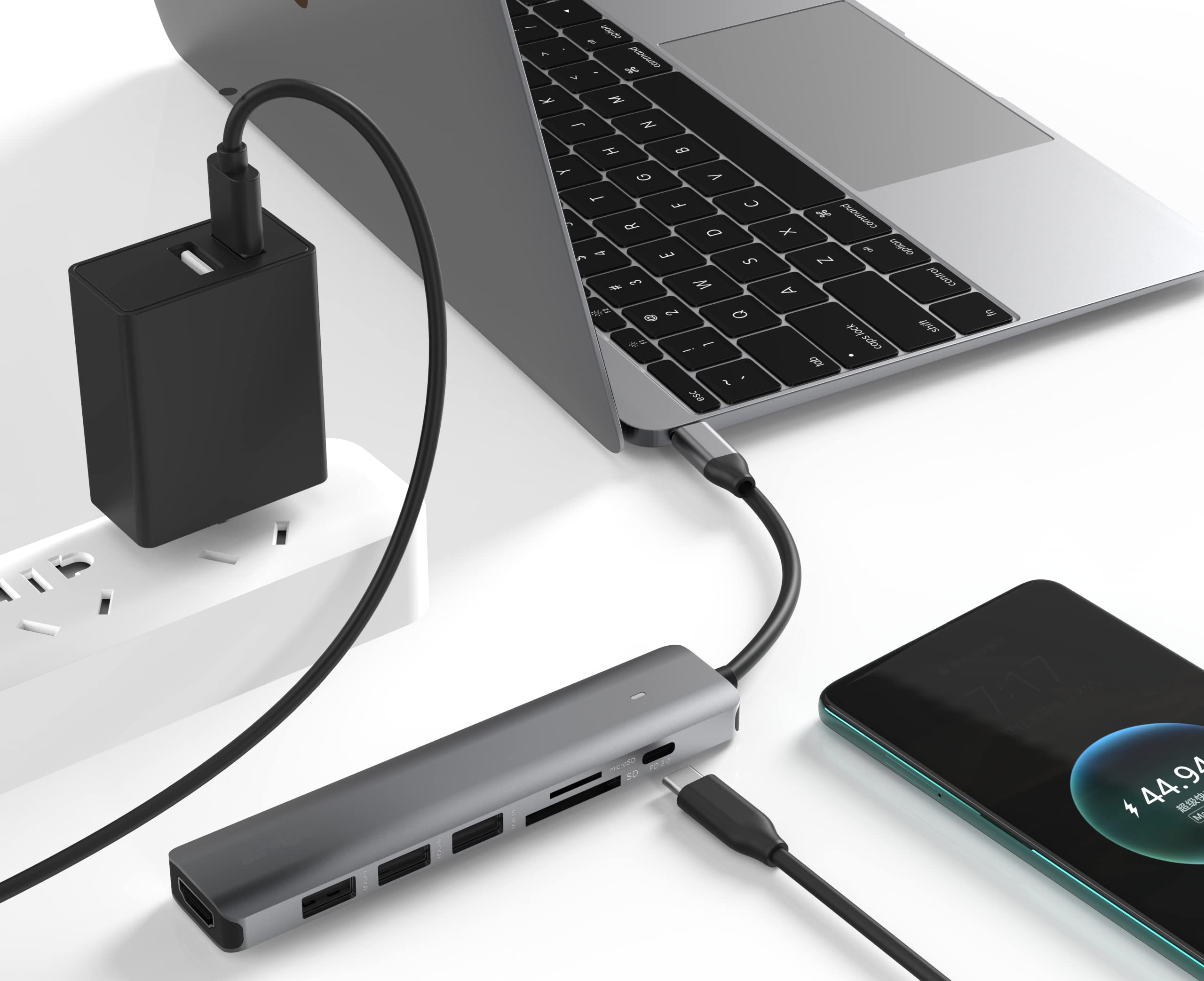 Type C Multi Port Adapter with 4K HDMI, USB3.0,100W PD Charging, TF SD Card Reader, USB2.0 USB-C to USB HUB Compatible for MacBook Smartphone Laptop Mouse Keyboard Printer Camera.