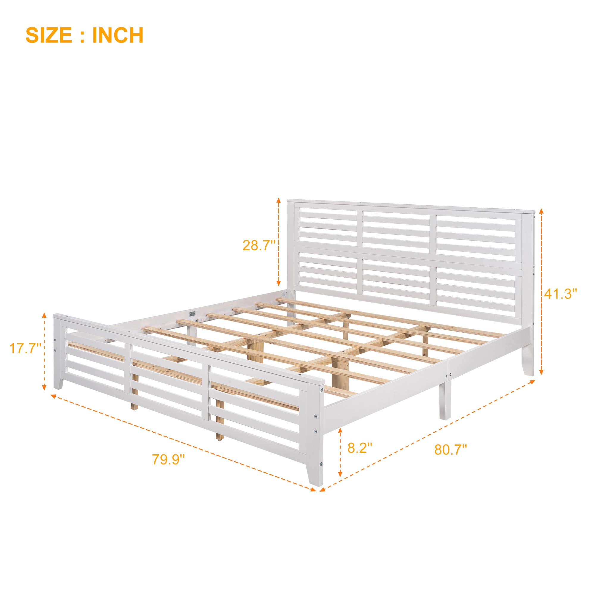 LostCat King Size Platform Bed Frame with Headboard and Footboard,Modern Solid Wood Bed with Horizontal Strip Hollow Shape for Adults,Teens,Wood Slat Support,No Box Spring Needed,White