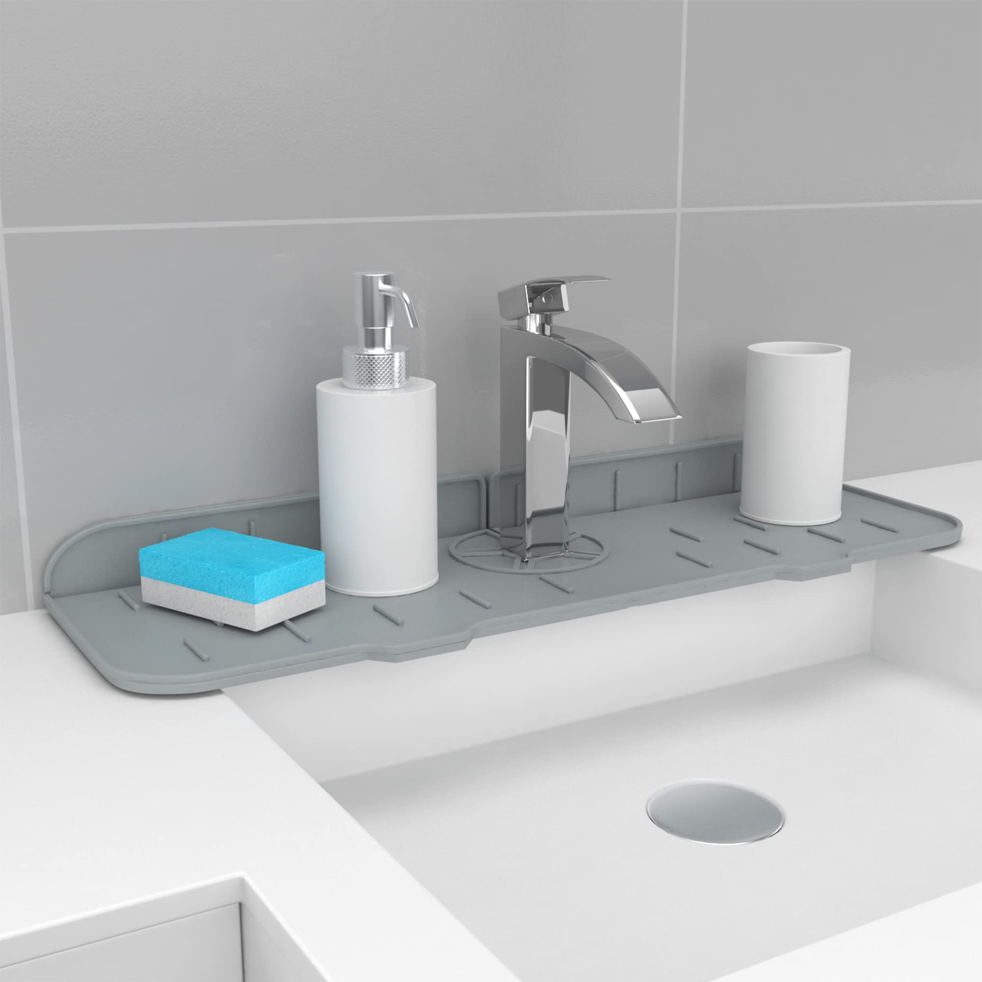 Silicone Faucet Mat- Kitchen & Bathroom Accessories, Kitchen & Bathroom Must haves, faucet drip catcher, Kitchen and bathroom Gadgets, Sink protector for sink, Foldable Silicone Splash Guard (Gray)