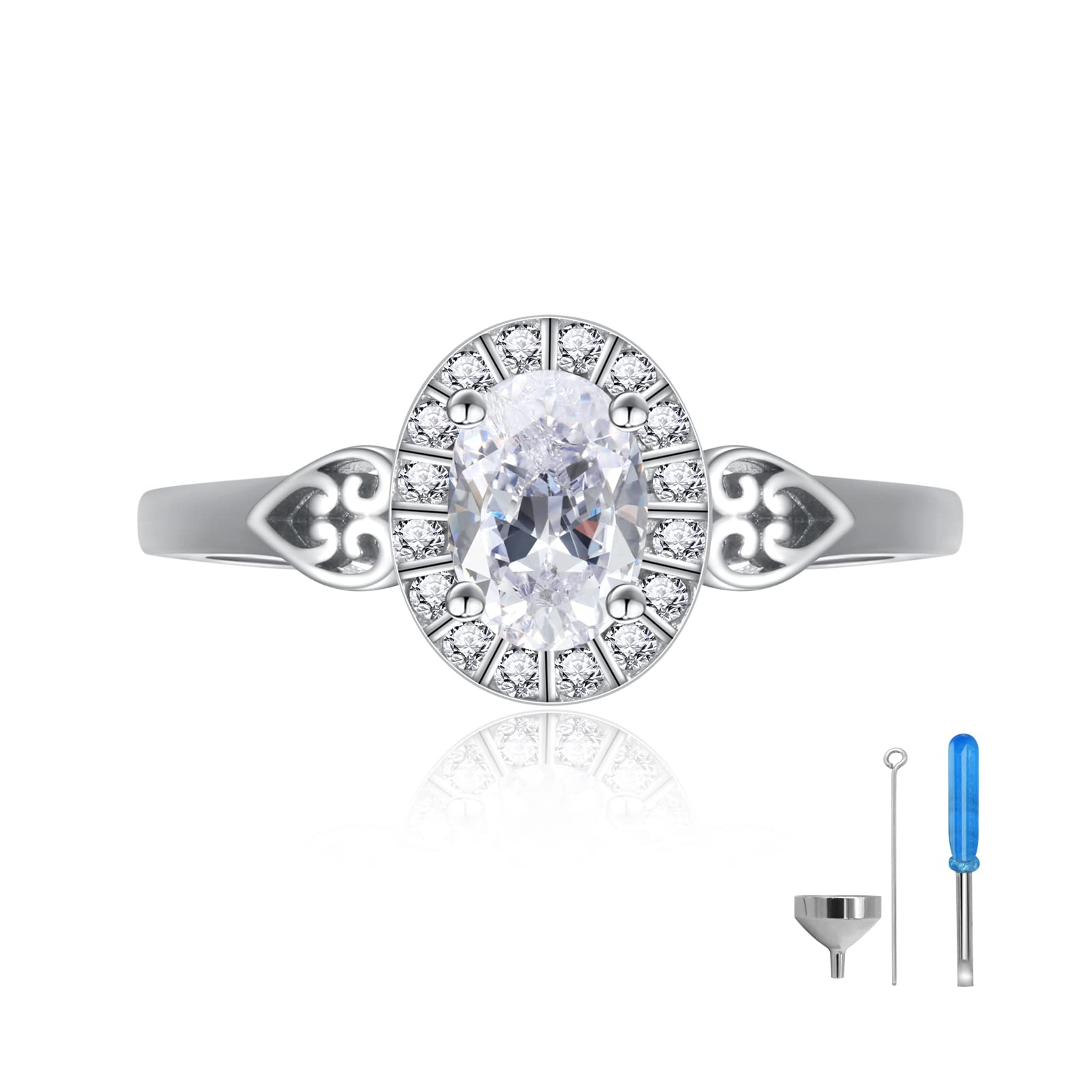 Sterling Silver Urn Ring for Ashes: Women Oval Shaped Cubic Zirconia Ash Ring Memorial Cremation Jewelry Bereavement Keepsakes Gift for Loss of a Loved One (Size 8)