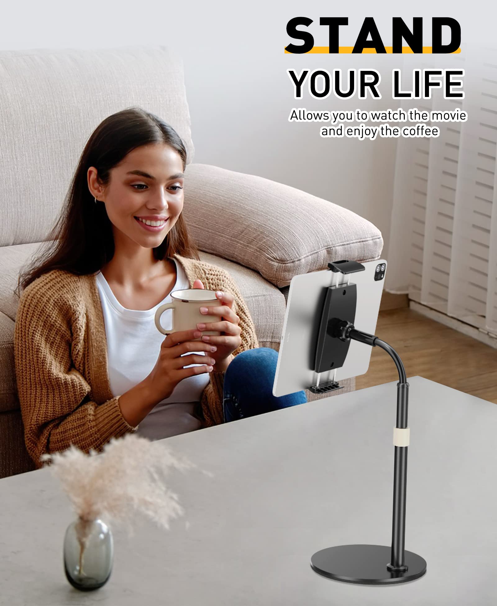 Tryone Adjustable iPad Stand, 360 Degree Rotation, Flexible Arm, Swivel, Hand Free, Compatible with 4.7 - 12.9 Inch Tablets and Cell Phones