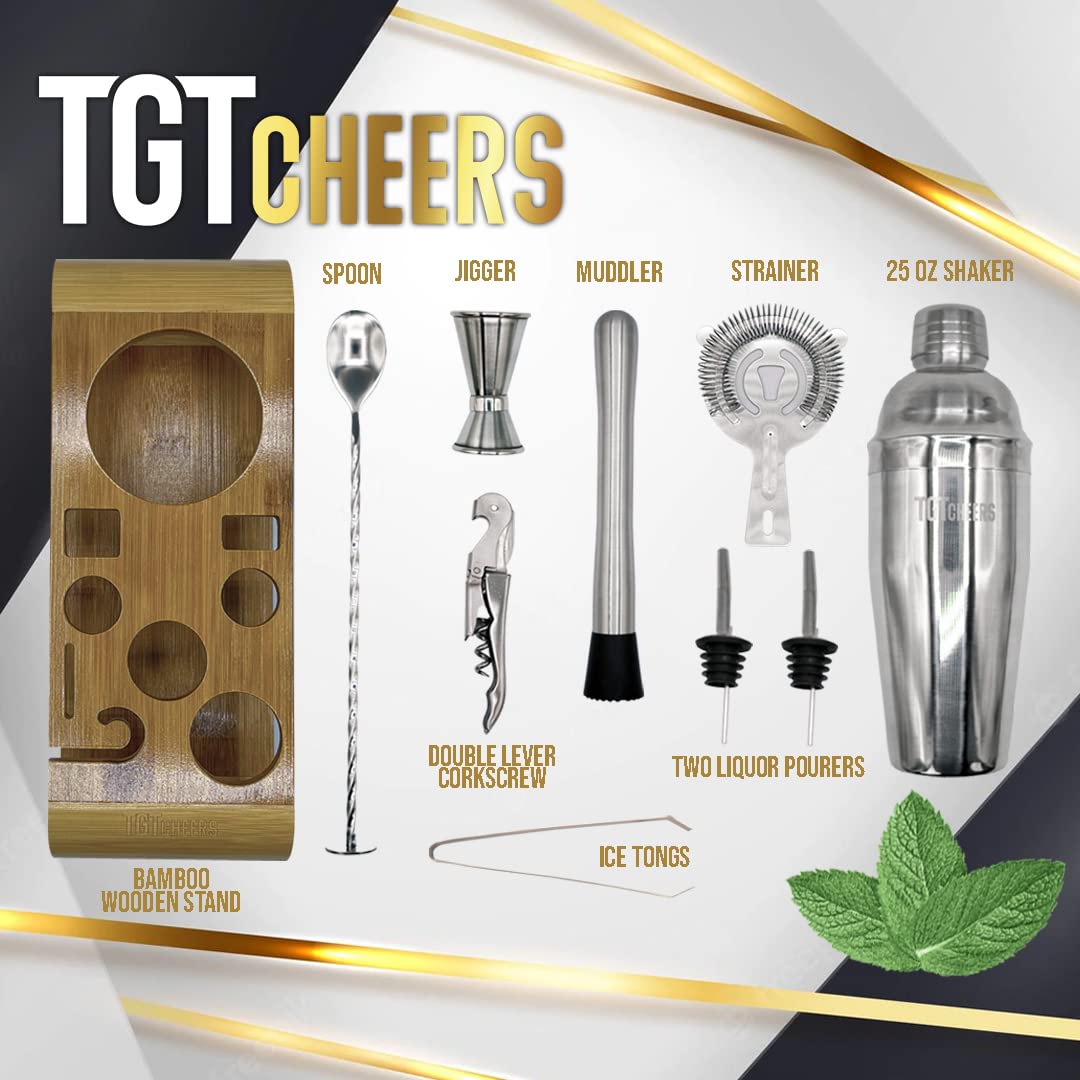 TGT CHEERS Cocktail Shaker Set with Stylish Bamboo Stand 11-pcs | Home Mixology Bartender Kit Gift Box | Cocktail Making Barware tool Set Mixer 25 oz Coctelera Perfect for Home Christmas Gift for him