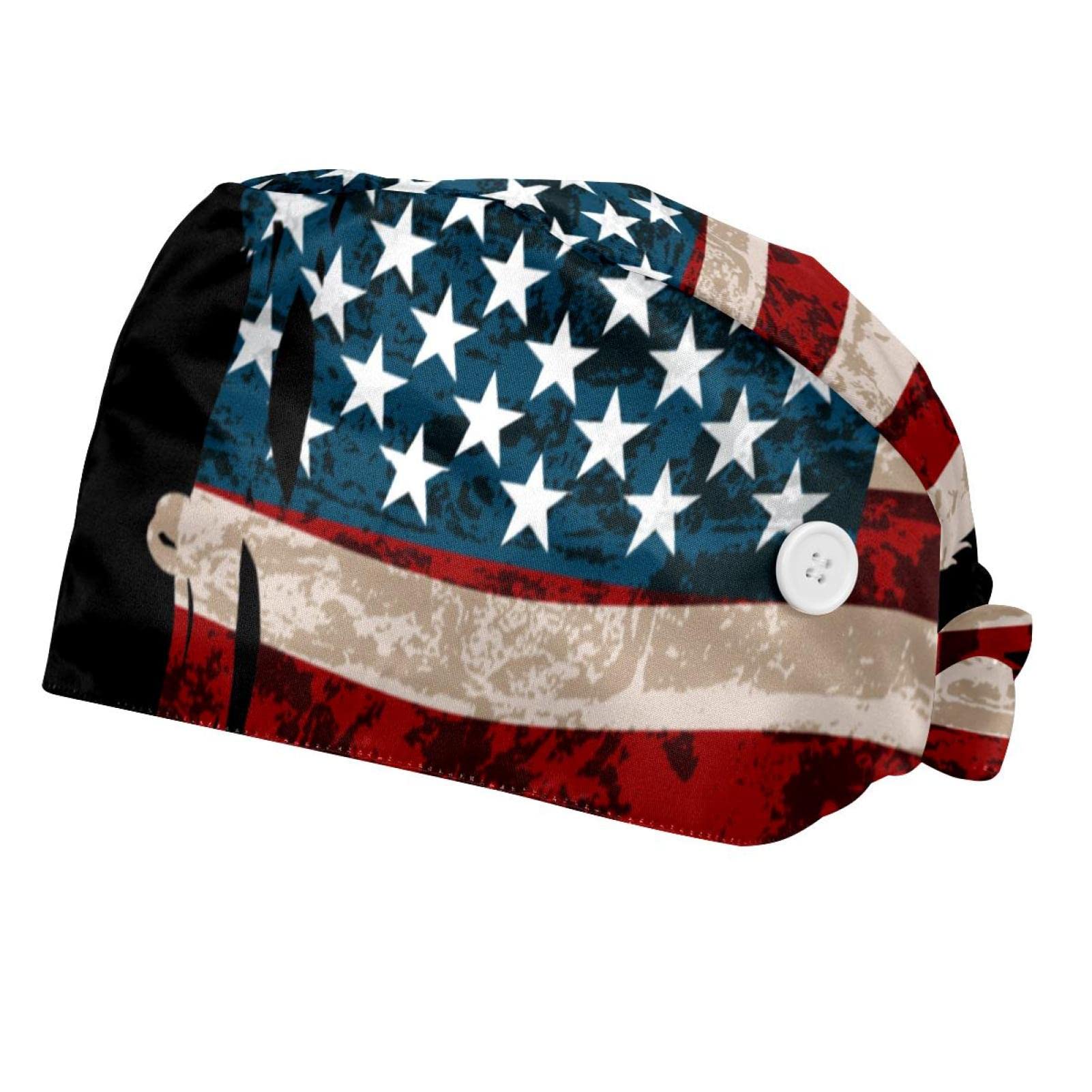 Pshhdgyhs 2 Pcs Adjustable Working Cap with Button, American striped flag Surgical Sweatband, Tie Back Hats for Women & Men Multicoloured 17, Hat diameter is 18cm/7in