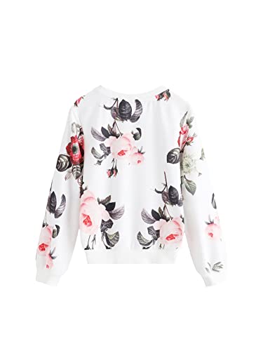 Romwe Girl's Kids Casual Floral Pirnt Long Sleeve Round Neck Sweatshirt White 140