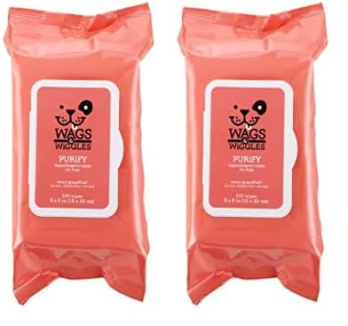 Wags & Wiggles Purify Hypoallergenic Wipes for Dogs | Gently Clean & Condition Your Dog's Coat Without A Bath | Zesty Grapefruit Scent Your Dog Will Love, 100 Count (Pack of 2)