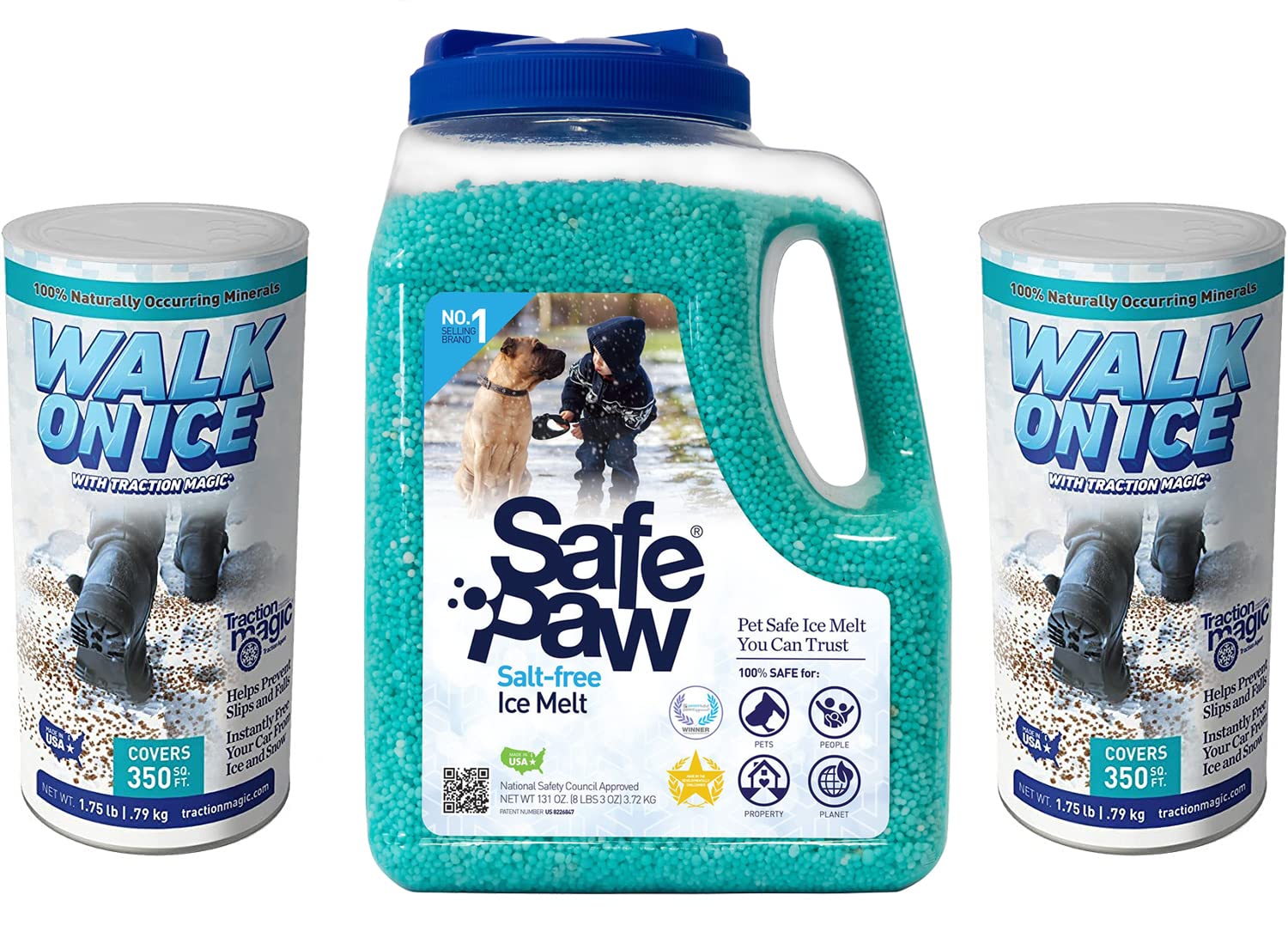 Traction Magic Walk on Ice & Safe Paw Combo for Instant Grip and Ice Melt, Child Plant Dog Paw & Pet Safe, Vet Approved, Non-Toxic, 100% Salt & Chloride Free (2 Walk on Ice+1 Safe Paw Jug)