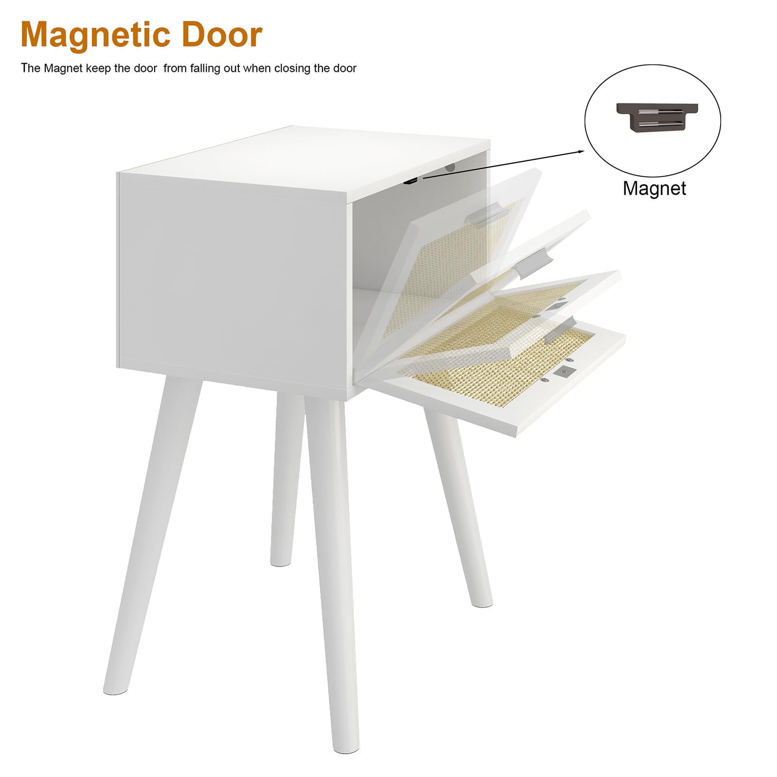 LAATOOREE Table, Nightstand Set of 2 - Small End Table with Rattan Door, Boho Style for Bedroom Living Room - White