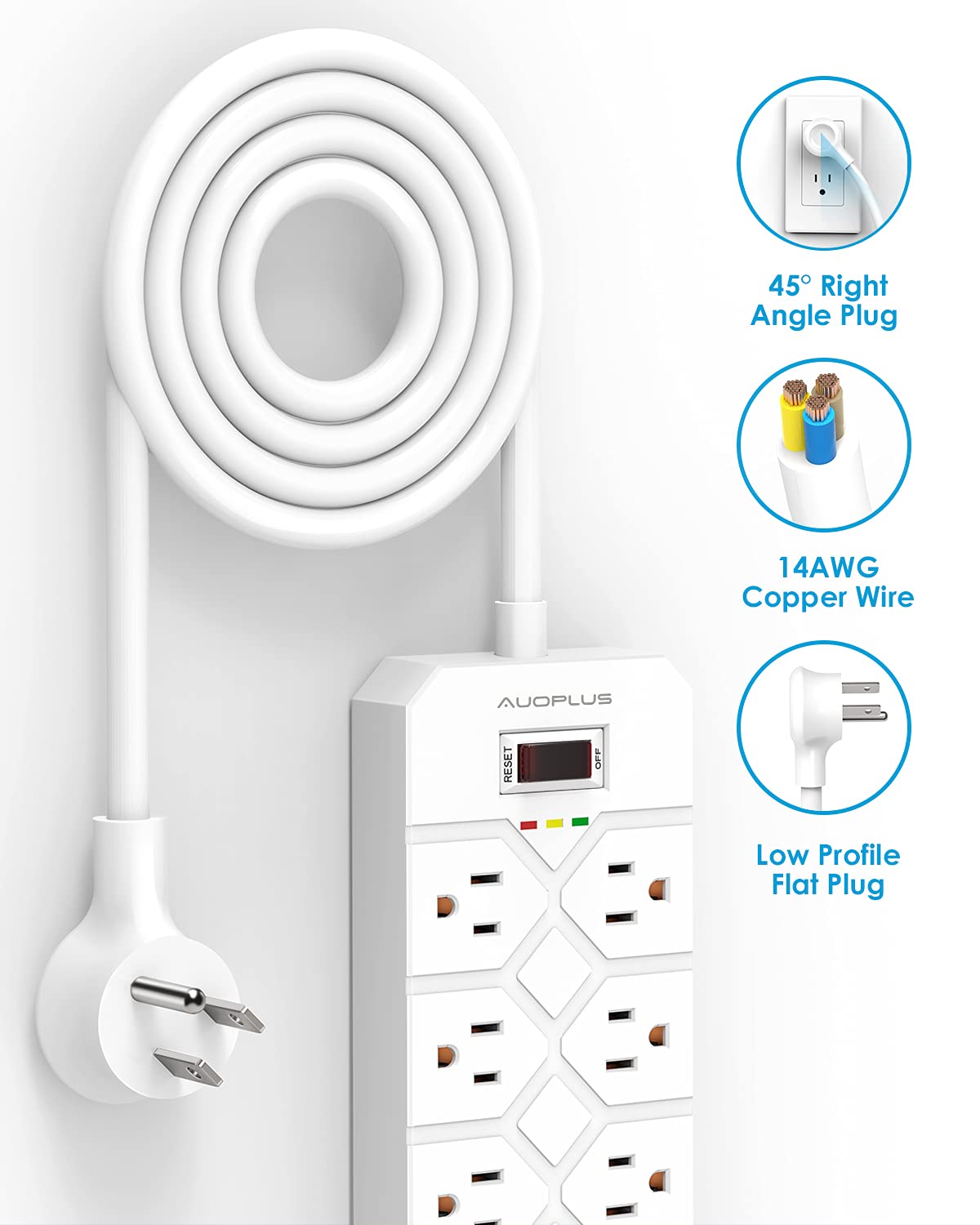 Power Strip Flat Plug, AUOPLUS Surge Protector with 12 Outlets and 4 USB Ports, 6.6 Feet Long Extension Cord (1875W/15A/3400 Joules), Mountable Power Strips for Home, Office, Dorm Essentials