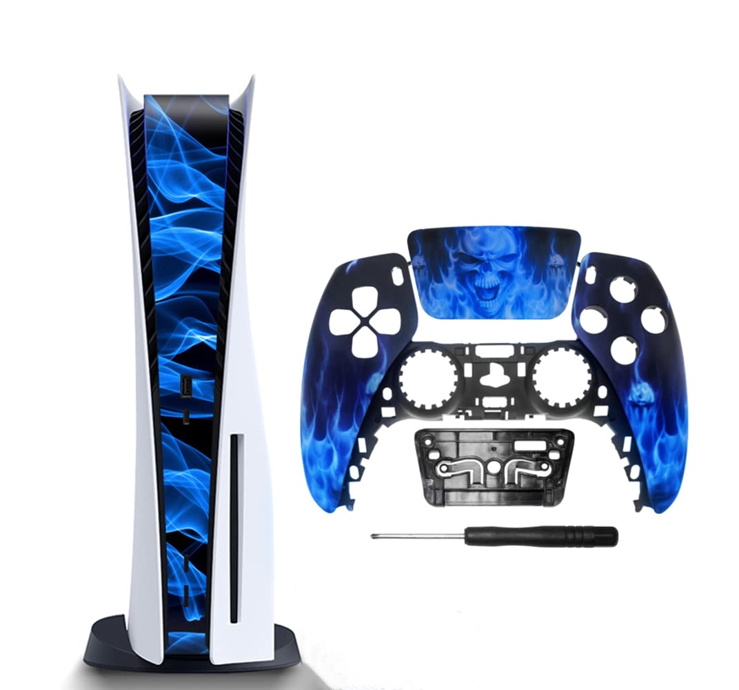 Touchpad Front Housing Shell Console Side Sticker for PS5 Controller PS5 Console Disc Version DIY Shell Custom Touch Pad Cover BDM-010/020 Fire Pattern (Controller Shell+ Side Sticker)