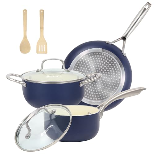 M MELENTA Pots and Pans Set, 7 Piece Nonstick Ceramic Cookware Set, Non Toxic Induction Pots and Pans, Oven Safe Handle & Bamboo Kitchen Utensils, Dishwasher Safe, 100% PFOA Free, Blue