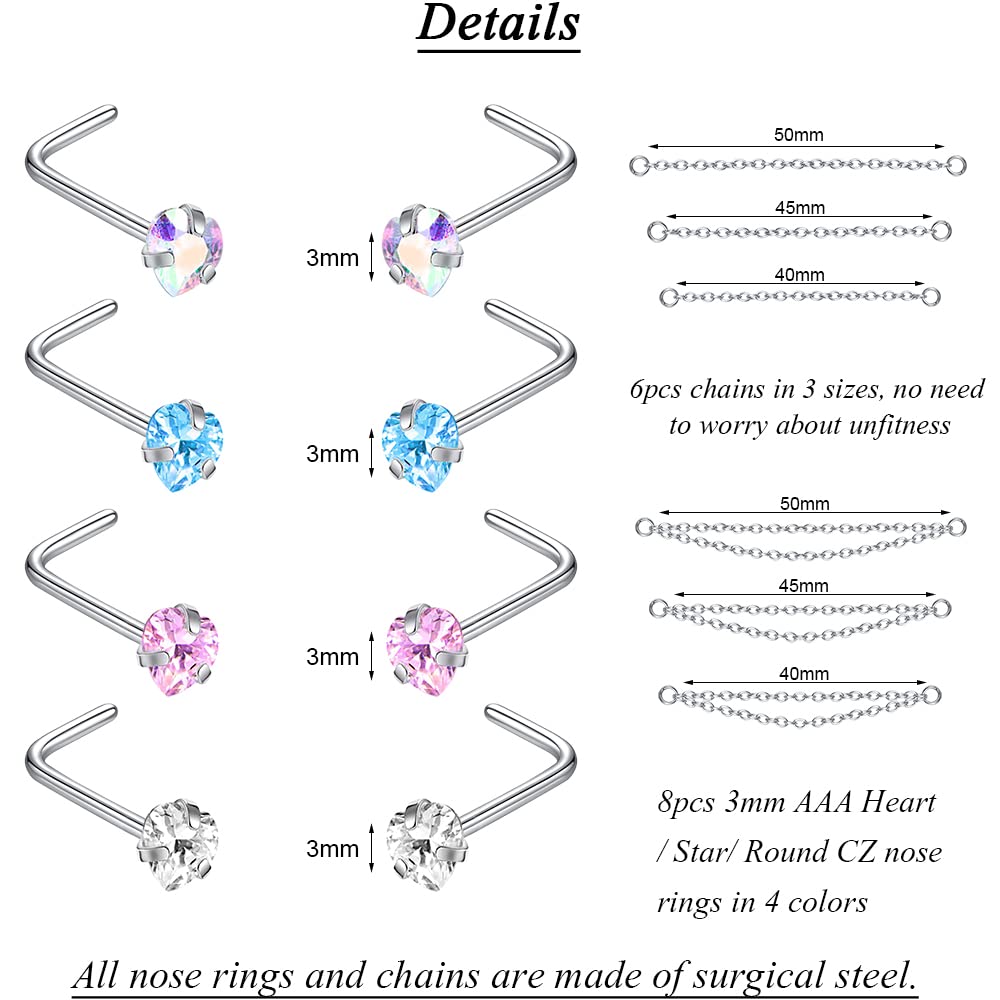PunkTracker 20G Nose Studs Stainless Steel 3mm CZ Nose Rings Studs with Nose Chains Heart Star Nose Piercing Jewelry for Women Men