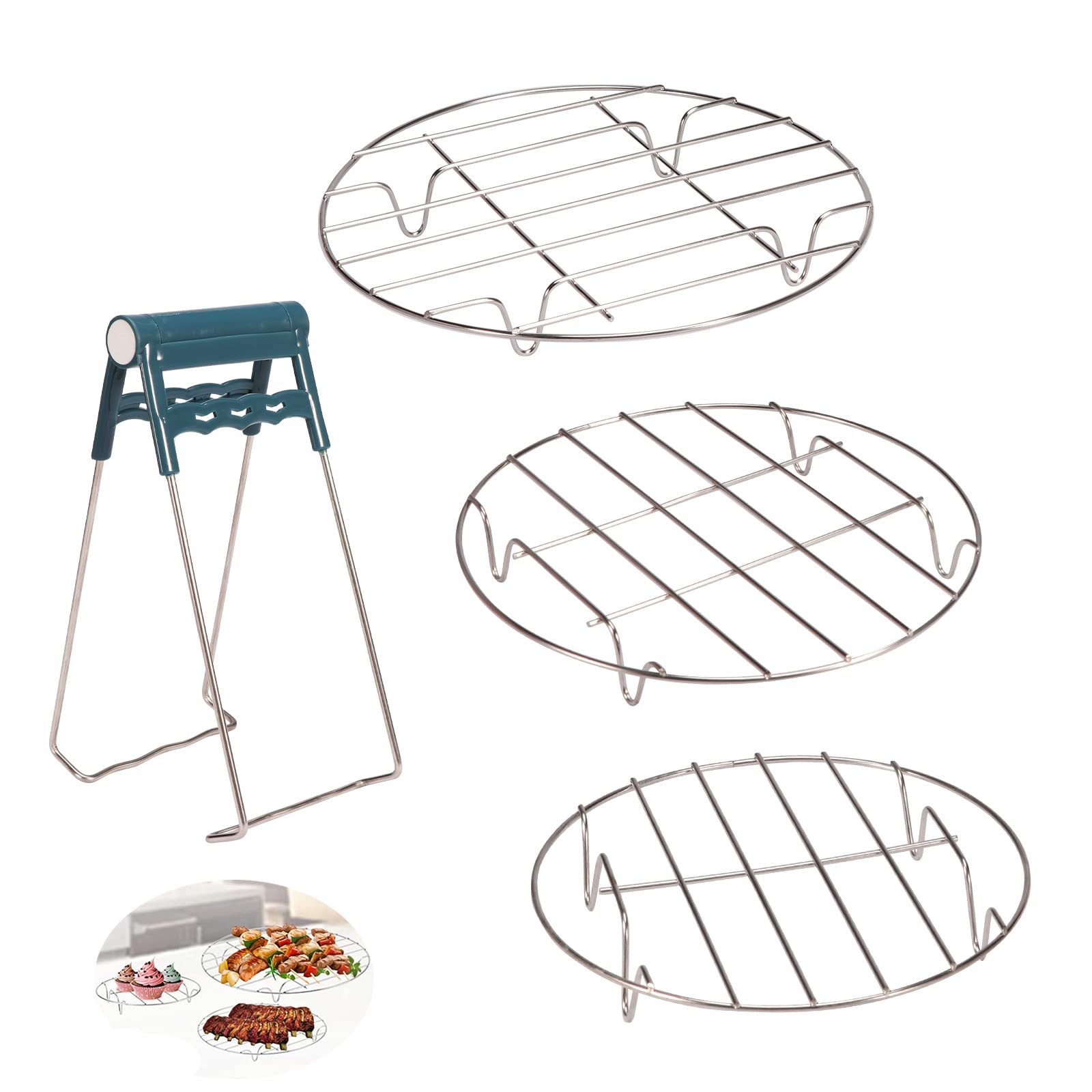Round Cooling Rack - 3 Pack Steamer Racks Set - Stainless Steel Circle Roasting Rack, 3 Pcs (8" & 9" & 10") Steaming Cake Pot Rack with Hot Dish Plate Clip for Baking Cooking Grilling Wire Rack