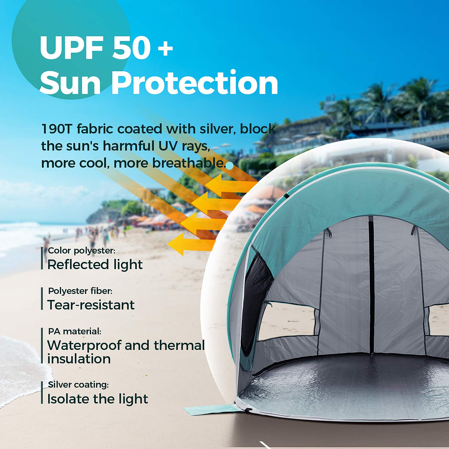 OCOOPA Large Pop Up Beach Tent for 4 People, Anti-UV Automatic Camping Sun Shelter Instant Portable, 4 Sides Ventilation Design Tents, Suitable for Family (Green)