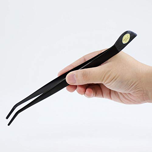 Wazakura Bonsai Curved Tip Tweezer with Spatula MADE IN JAPAN 8.6in(220mm) Stainless Steel Black Coated - Black