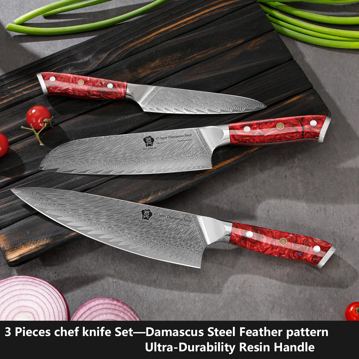 WILDMOK Damascus Kitchen Knife Sets 3 PCS, Razor Sharp Kitchen Knives Made of Japanese Damascus Steel, Well-Balanced Damascus Chef Knife set with Premium Resin Full Tang Handle Triple Rivet Gift Box