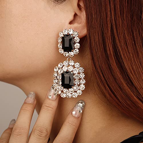 Rumtock Statement Black Gemstones Rhinestones Dangle Drop Silver Earrings for Women Girls Geometric Long Earrings Jewelry
