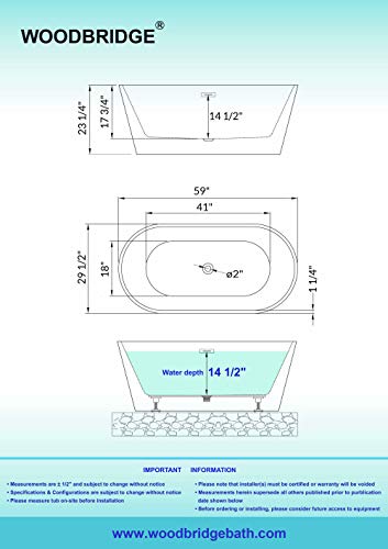 WOODBRIDGE 59" Acrylic Freestanding Bathtub Contemporary Soaking White Tub with Chrome Overflow and Drain,B0014-CH