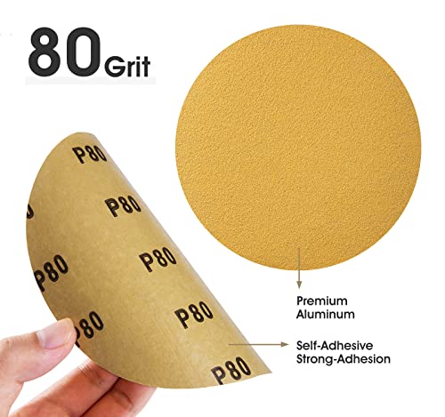 Shawya 100 PCS 6 Inch Gold PSA Sanding Discs 80 Grit Self Adhesive Sticky-Back Sandpaper for DA Sander Automotive Car Paint Woodworking Wood Metal Finishing