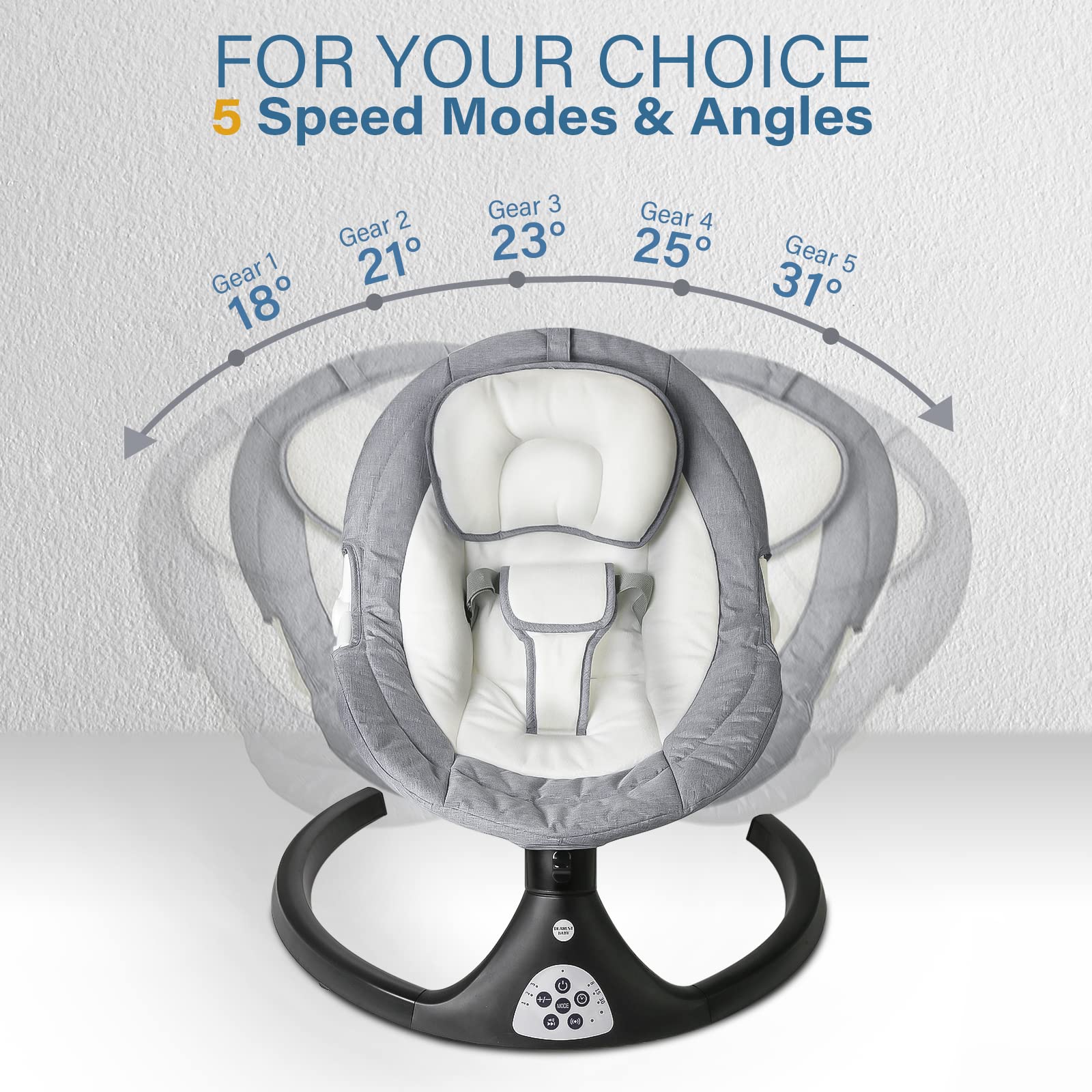 MISSAA Baby Swing for Infants, Bluetooth Electric Bouncer for Babies with 5 Sway Speeds, 3 Seat Positions, 12 Music, Remote Control, Gray