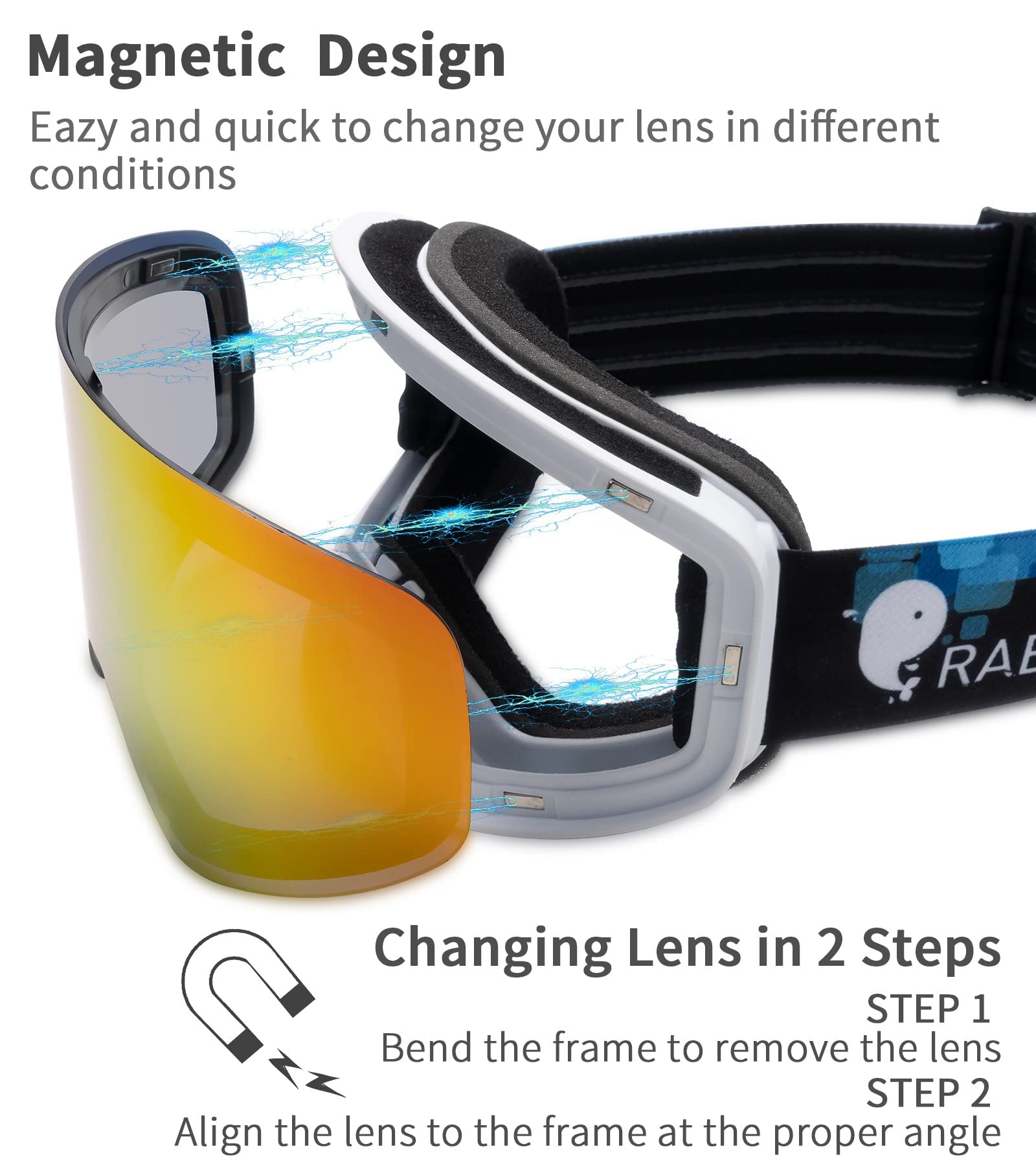 RABIGALA Ski Goggles with Detachable Lens, Frameless Magnetic Interchangeable Lens Anti-Fog 100% UV Protection Snowboard Snow Goggles (revo/silver)