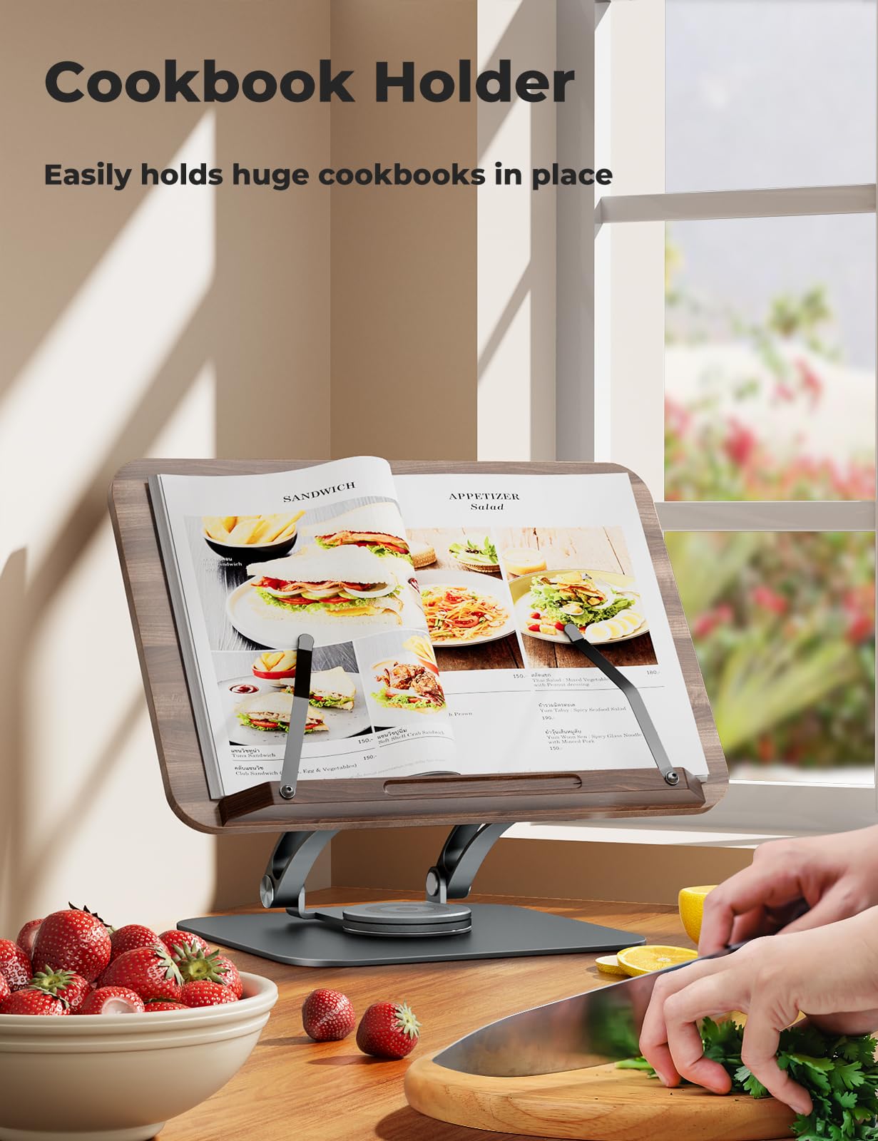 Tounee Book Stand for Reading, Adjustable Book Holder with 360° Swivel Base, Foldable Cookbook Stand Recipe Book Holder with Elastic Page Clips for Music Scores, Recipe, Tablet, Laptop-Gray