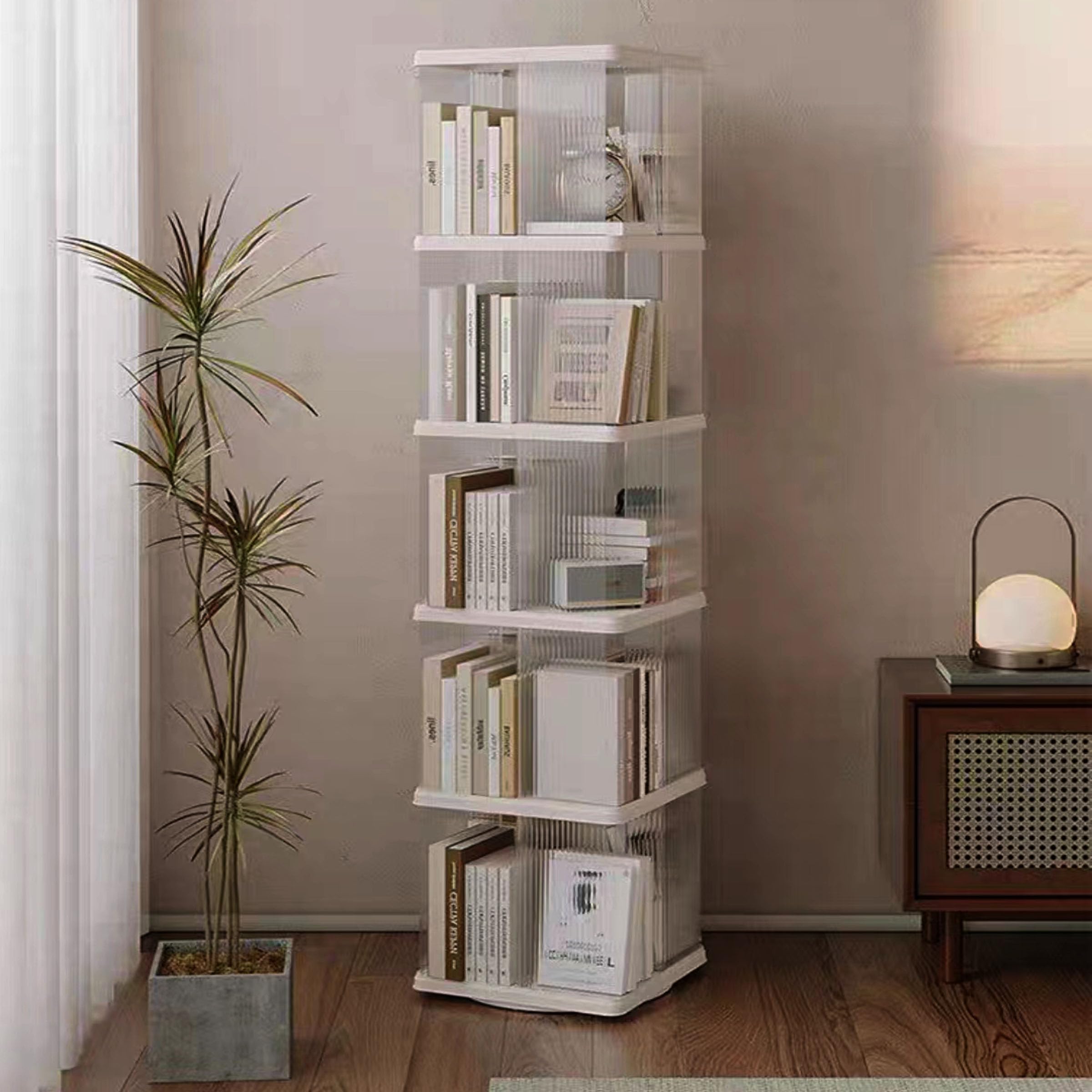 ZXFWRJDJ Rotating Bookshelf Tower, 360 Display Spinning Bookshelf,Small Corner Bookshelf for Small Space,Suitable for Bedrooms, Living Looms, Offices, and Study Rooms (White,5 Tier, 14x14x66