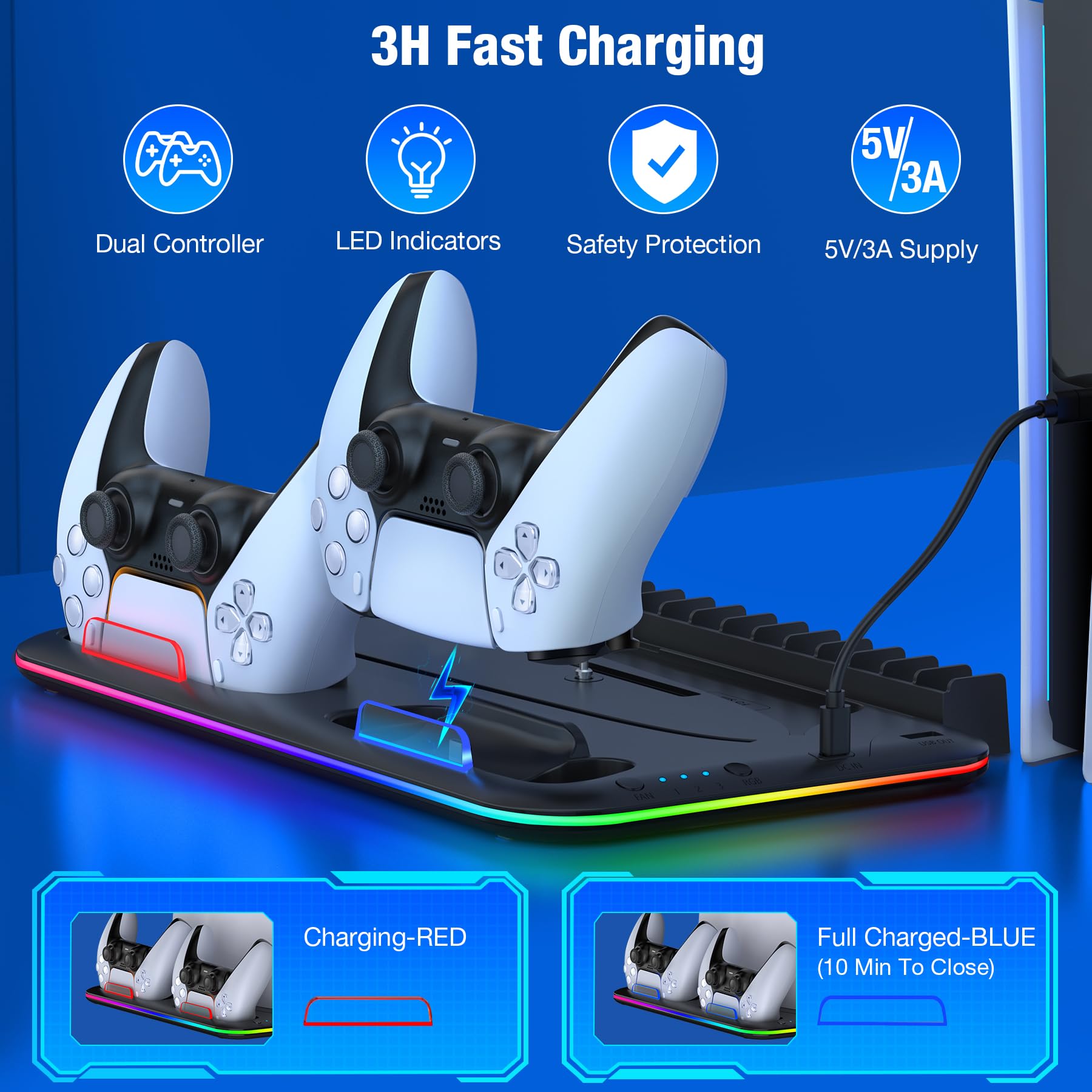 PS5 Stand Cooling Station with Controller Charging Station for Playstation 5 Console, PS5 Accessories with Cooling Fan for PS5 Digital & Disc, Headset Holder, 11 Slot-White (Not Fit 2023 PS5 Slim)