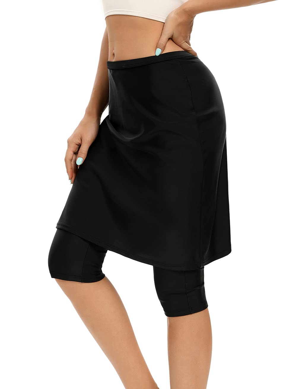 MAXE Women Swim Skirt with Legging Sun Protective UPF 50+ Swimming Tight Attached Skort Capris Black, Small
