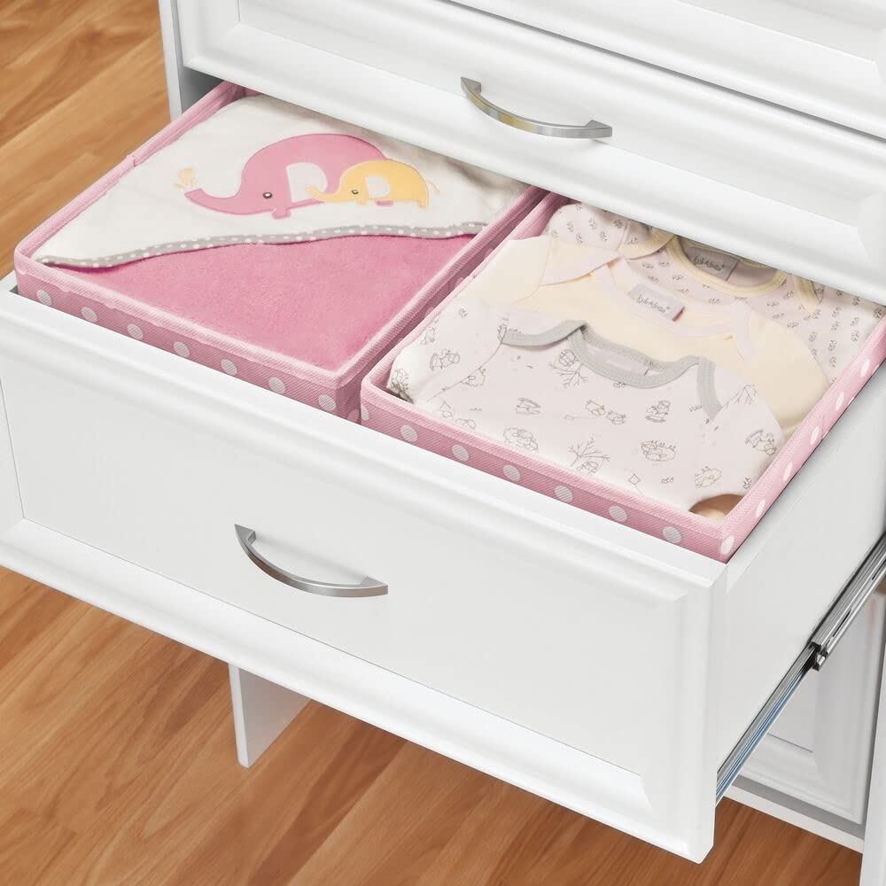 mDesign Fabric Nursery/Playroom Closet Storage Organizer Bin Box with Front Handle for Cube Furniture Shelving Units - Holds Toys, Clothes, Diapers, Bibs, 4 Pack, Pink/White Polka Dot