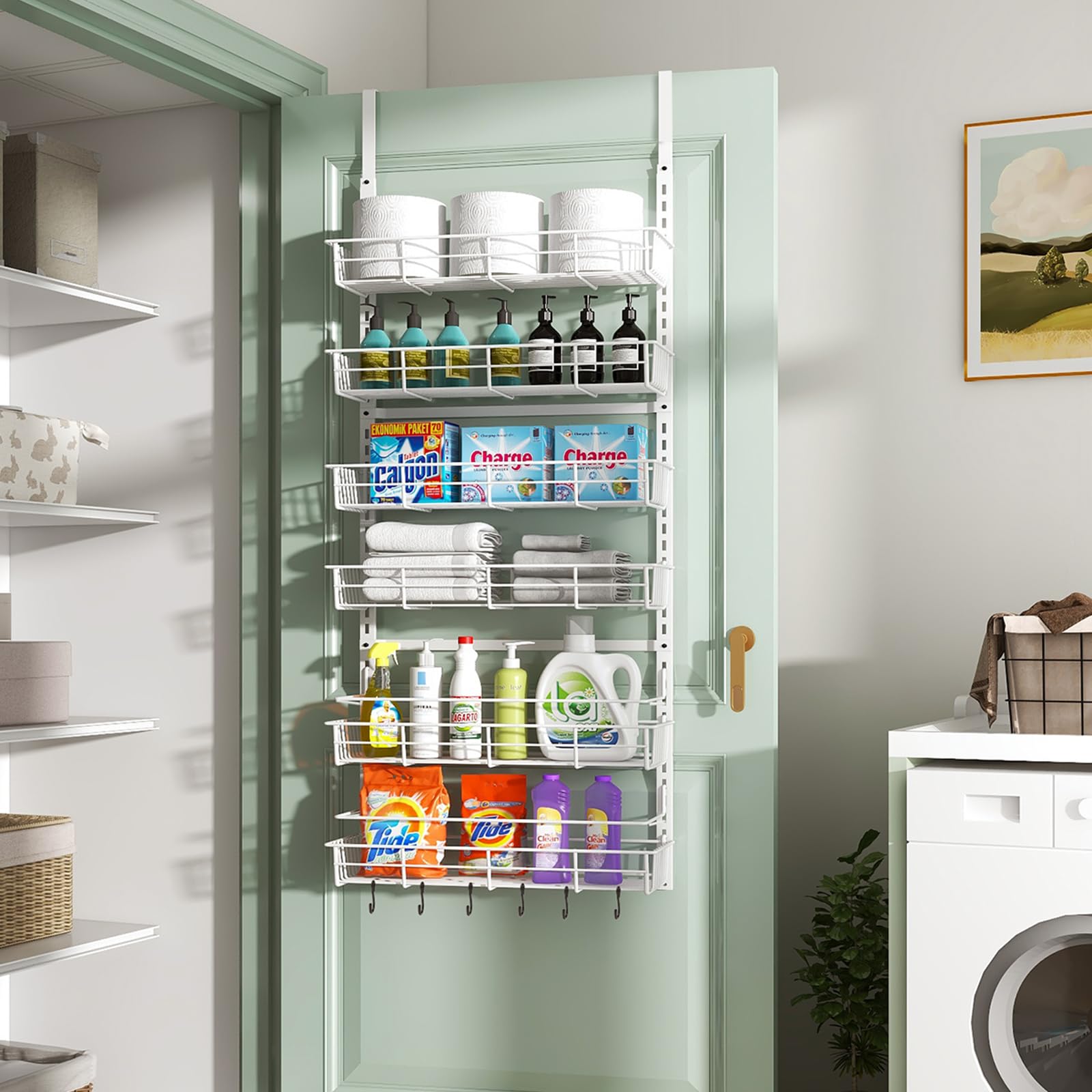 Mefirt Over The Door Pantry Organizer, Wall Mount Spice Rack, Pantry Hanging Storage and Organization, 6 Adjustable Baskets Heavy-Duty Metal for Home & Kitchen, Back of Door Seasoning Rack - White