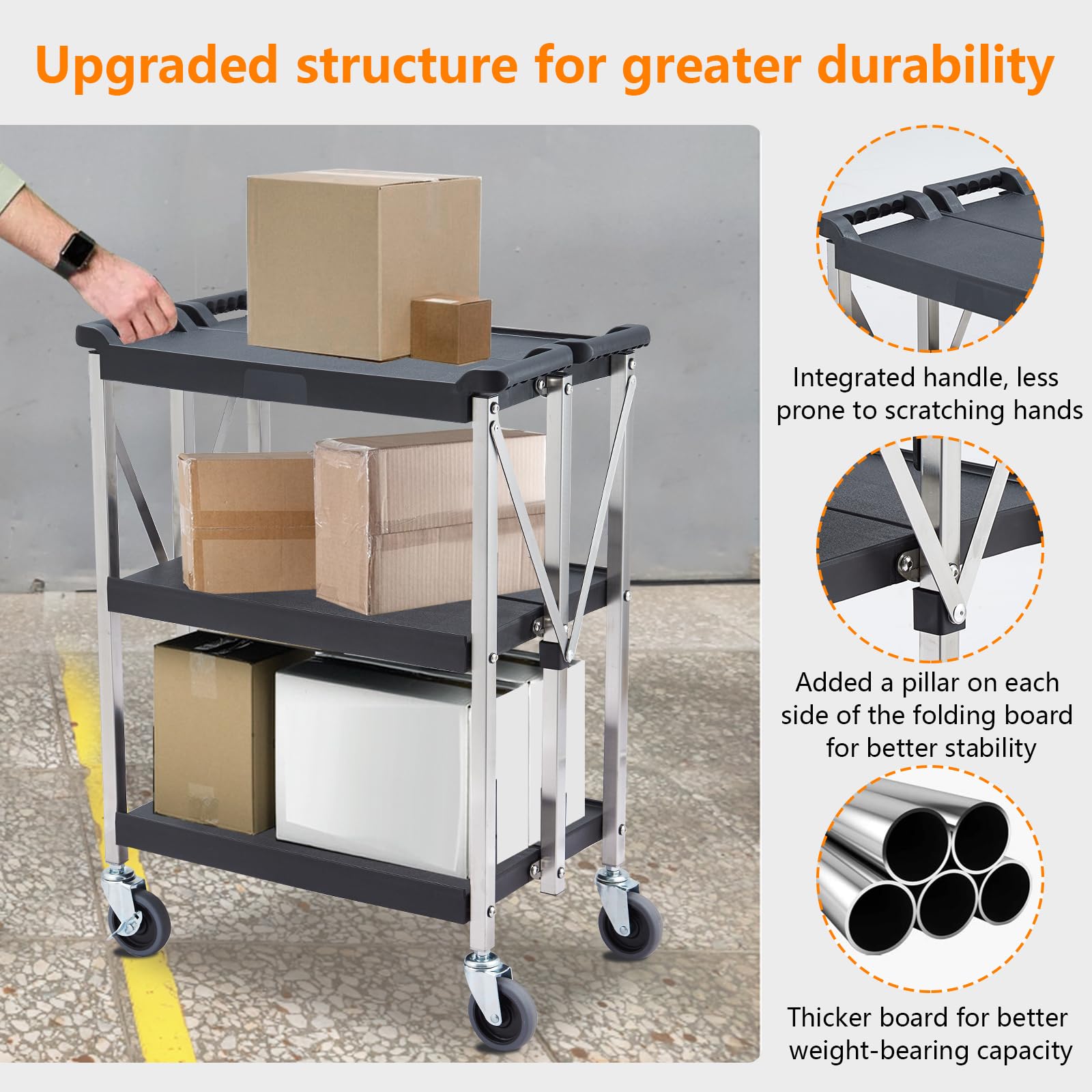 Zstar Foldable Service Cart, 3-Tier Heavy Duty Rolling Service Cart with Lockable & Silent Wheels, 330 lbs Load Capacity, Professional Utility Cart for Foodservice, Commercial,Office, Warehouse, Black