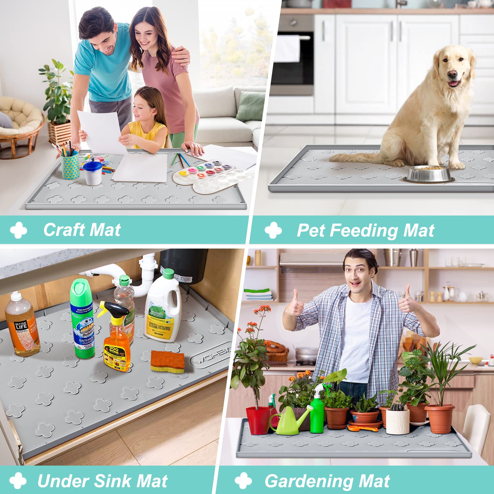 Under Sink Mats for Kitchen Waterproof,34" X 22" Silicone Under Sink Mat for Bottom of Kitchen Sink,Under Sink Drip Tray Liner for Kitchen Bathroom Cabinets Hold Up to 3.3 Callons Liquid - Light Grey