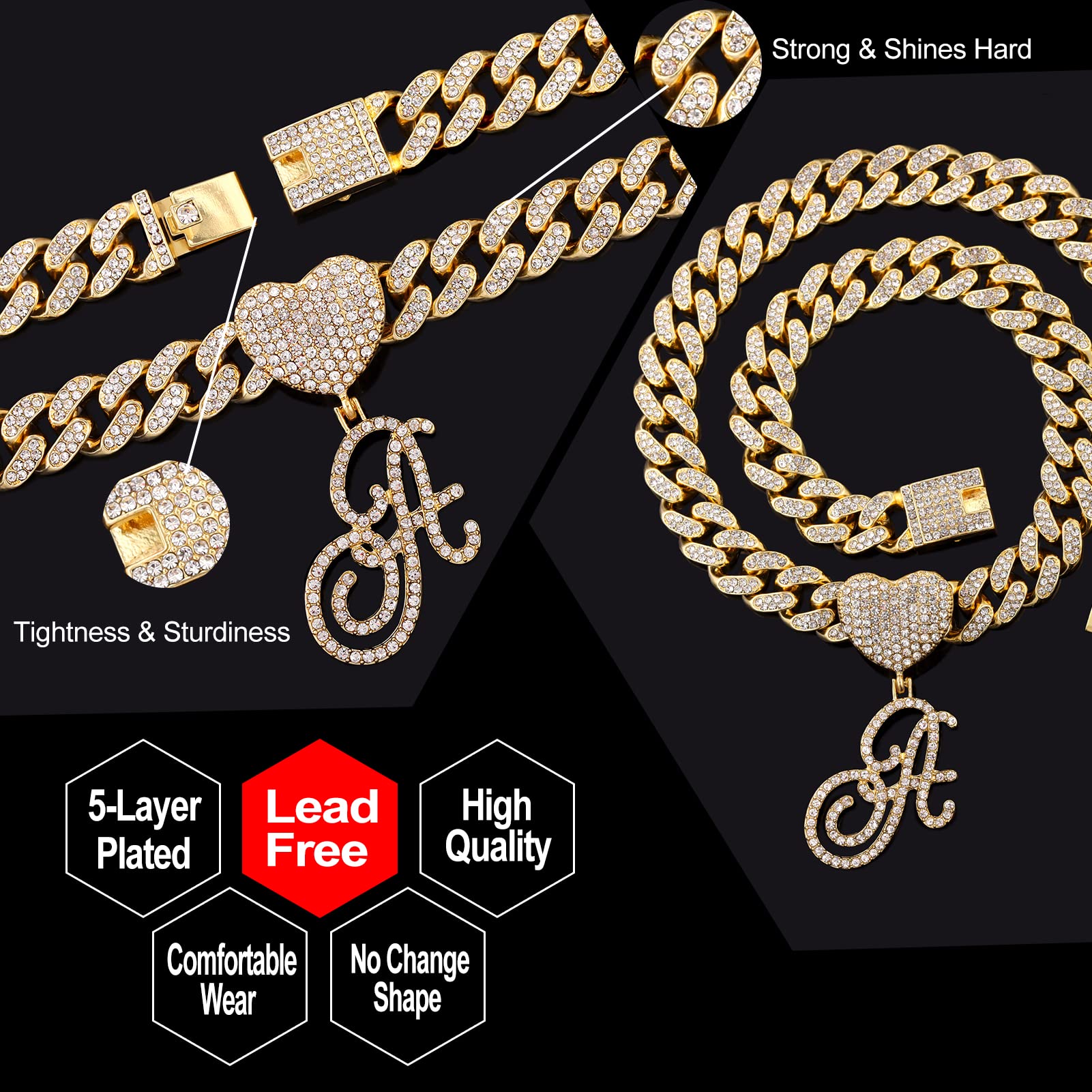 PTJDSMF Gold Initial Cuban Link Chain for Women Miami Iced Out Chain for women Bling Diamond Chain Necklace Hip Hop Jewelry (M)