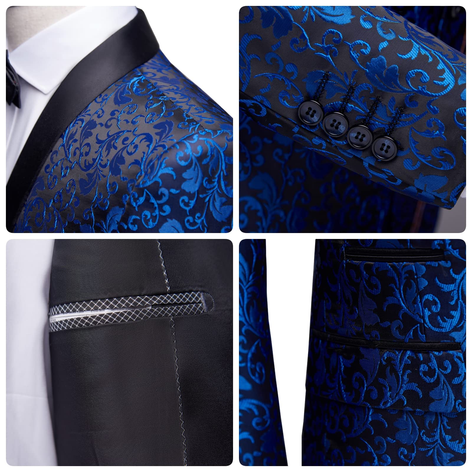 Mgnaie Mens Tux 2 Piece Floral Suit Paisley Shawl Lapel Slim Fit Single Breasted Groomsmen Suits for Wedding Prom Blue
