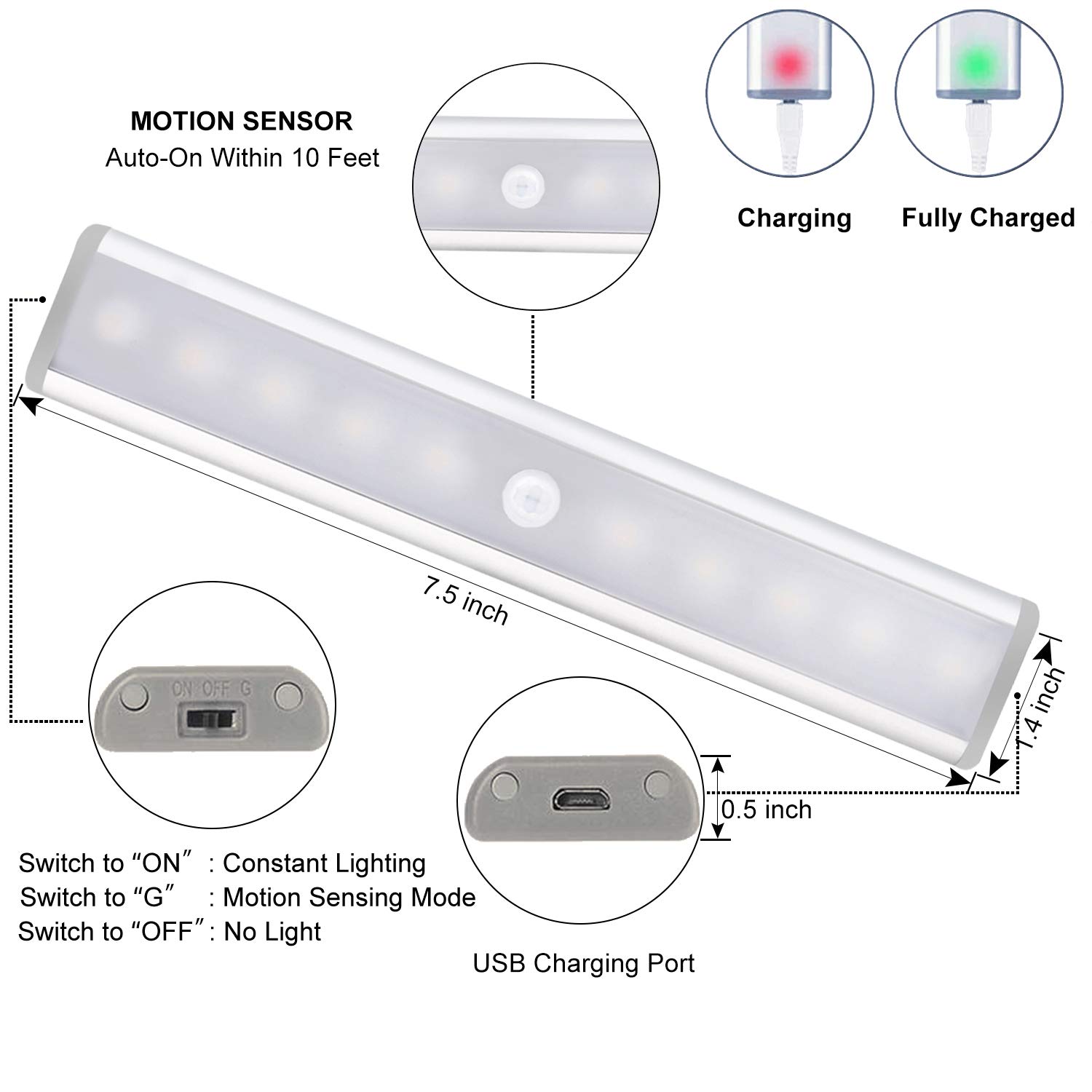 LEPOTEC 10 LED Under Cabinet Lights, Under Cabinet Light,Closet Lights Motion Sensor Light,USB Rechargeable Stick-on Stairs Step Light Bar, LED Night Light Magnetic Closet Lighting, (3 Pack)