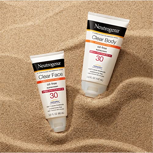 Neutrogena Clear Face Liquid Sunscreen for Acne-Prone Skin, Broad Spectrum SPF 30 Sunscreen Lotion with Helioplex, Oxybenzone-Free, Oil-Free, Fragrance-Free; Non-Comedogenic, 3 fl. oz