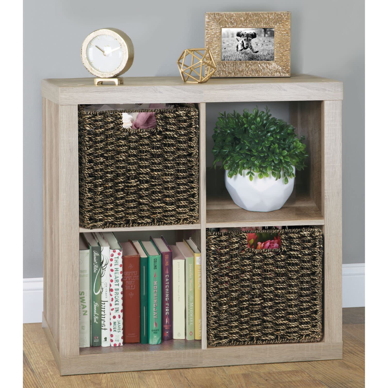 mDesign Seagrass Woven Cube Basket Organizer with Handles - Storage for Bedroom, Office, Living Room, Bathroom, Perfect for Cubby Storage Units - Hold Blankets, Magazines, Books - 4 Pack - Black Wash