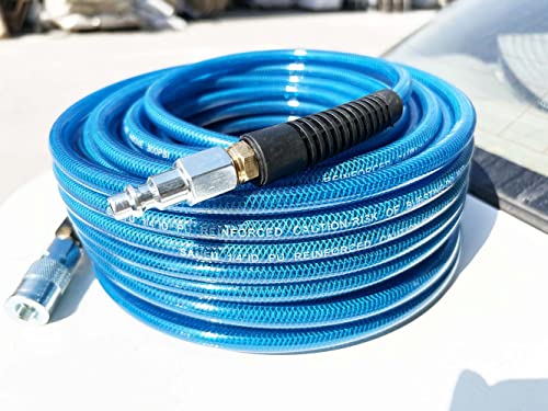 SANFU (PU) Polyurethane Reinforced Air Hose 1/4”ID(6.3 x 9.8mm) x 100ft, Anti-low temperature 300PSI with 1/4-Inch Swivel Solid Brass Quick Coupler and Plug, Navy Blue(100’)