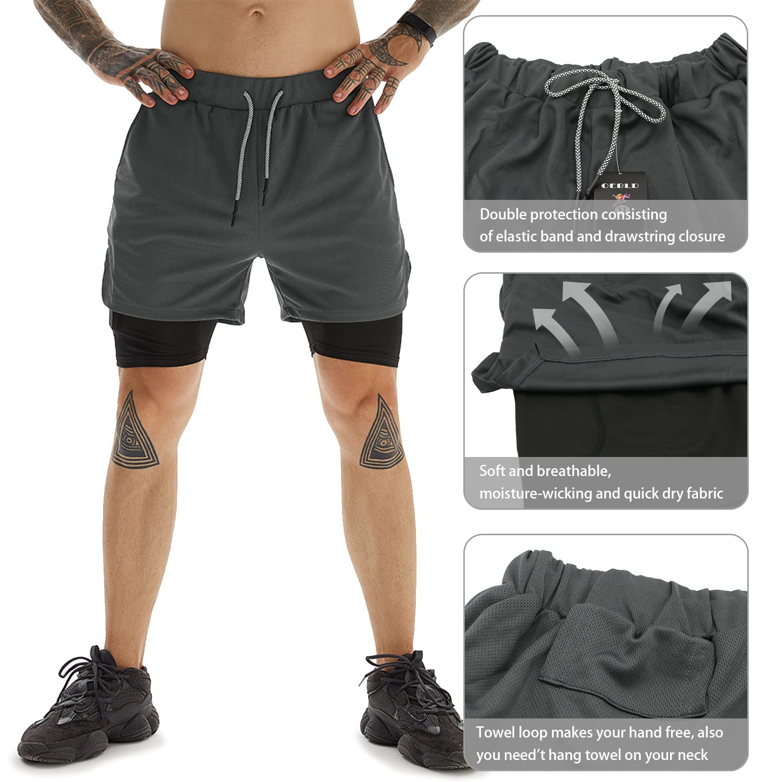 OEBLD Mens Athletic Shorts 2-in-1 Gym Workout Running 7'' Shorts with Towel loop Grey