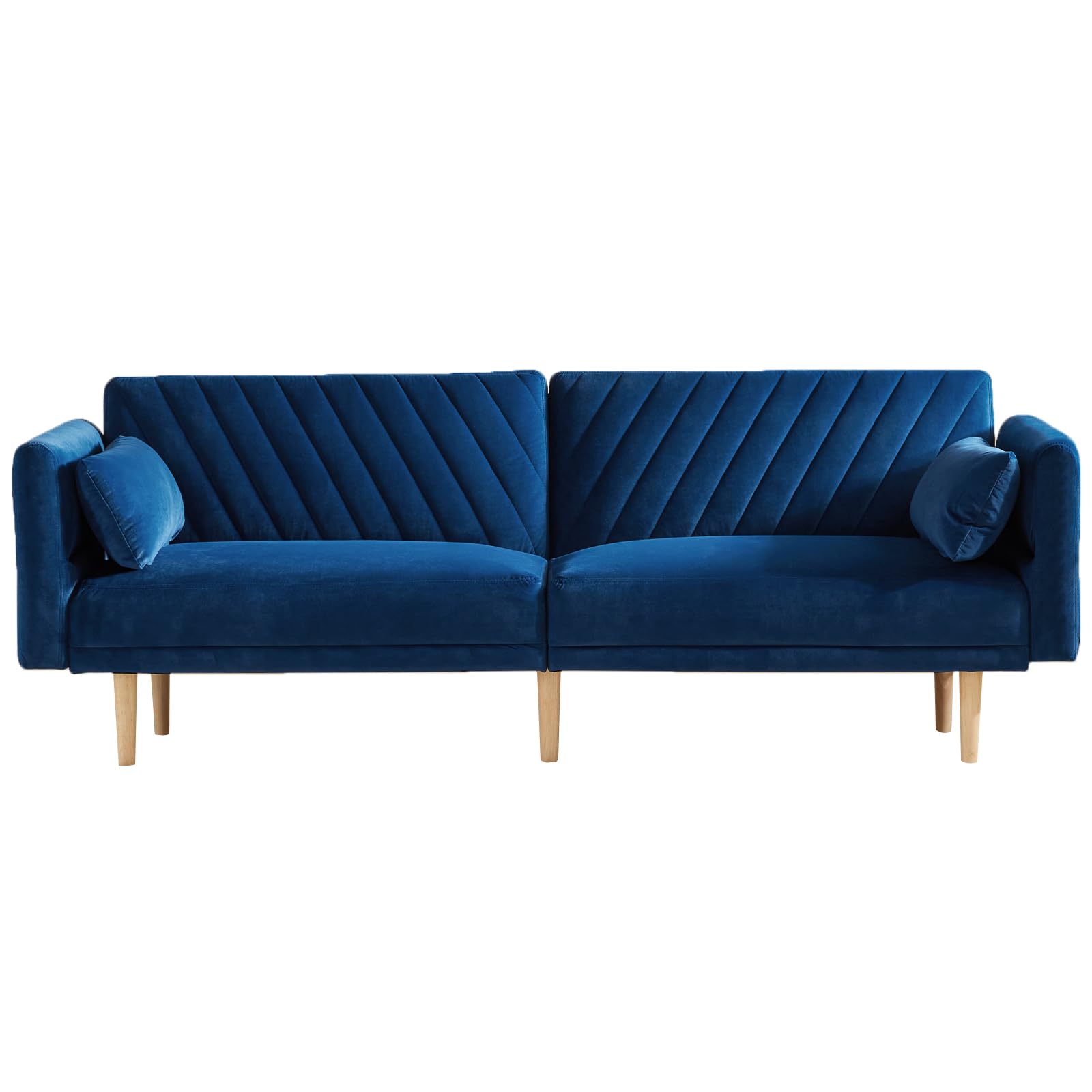WILLOVE 78'' Velvet Futon Sofa Bed, Convertible Sleeper Bed with Adjustable Armrests and Backrest, Loveseat Sleeper Sofa with 2 Pillows, Modern Futon Couches for Living Room, Blue