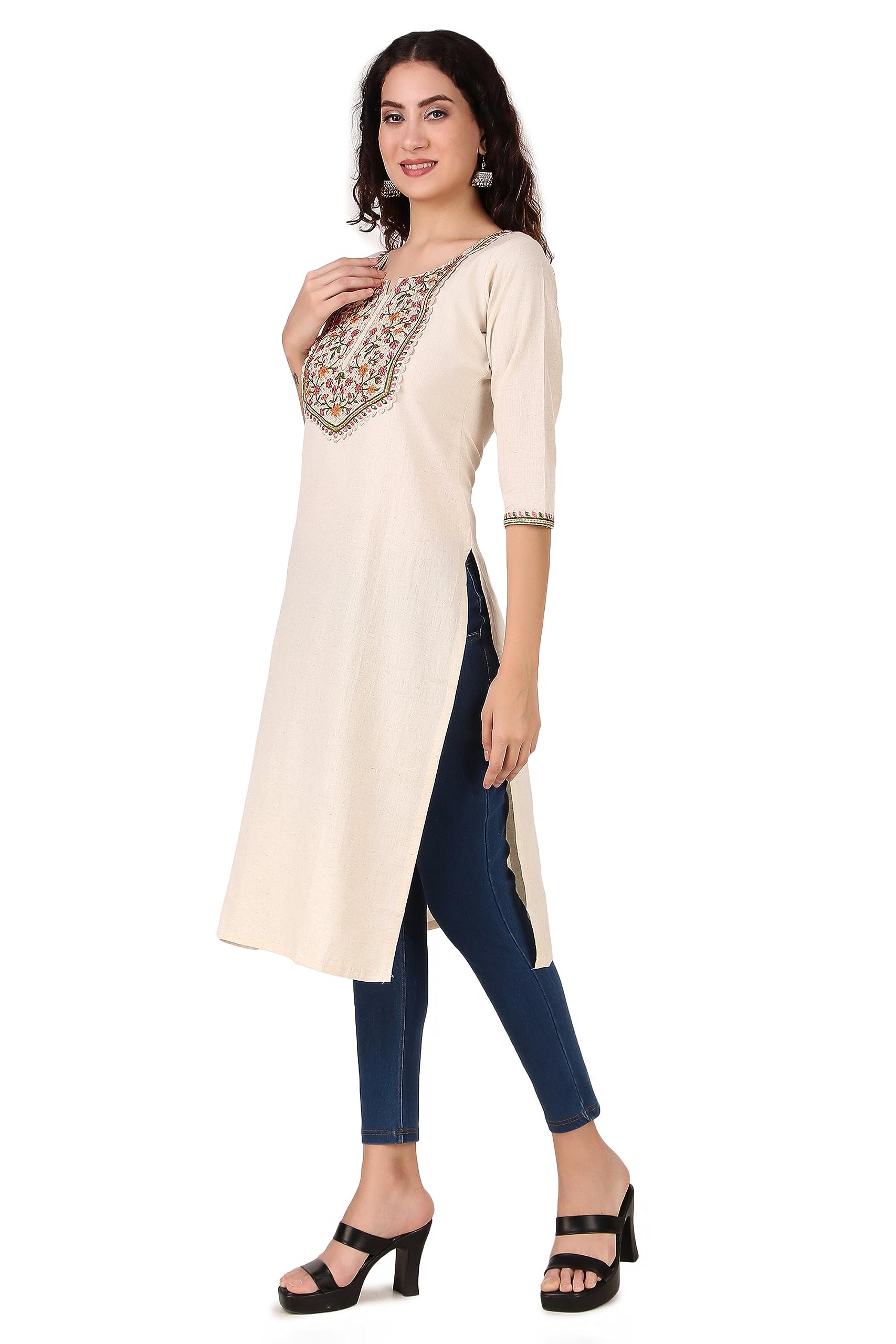 ladyline Rich Khadi Cotton Womens Tunic Top Multi Embroidered Kurti Kurta Dress (CEK SHKH690) (50/Cream)