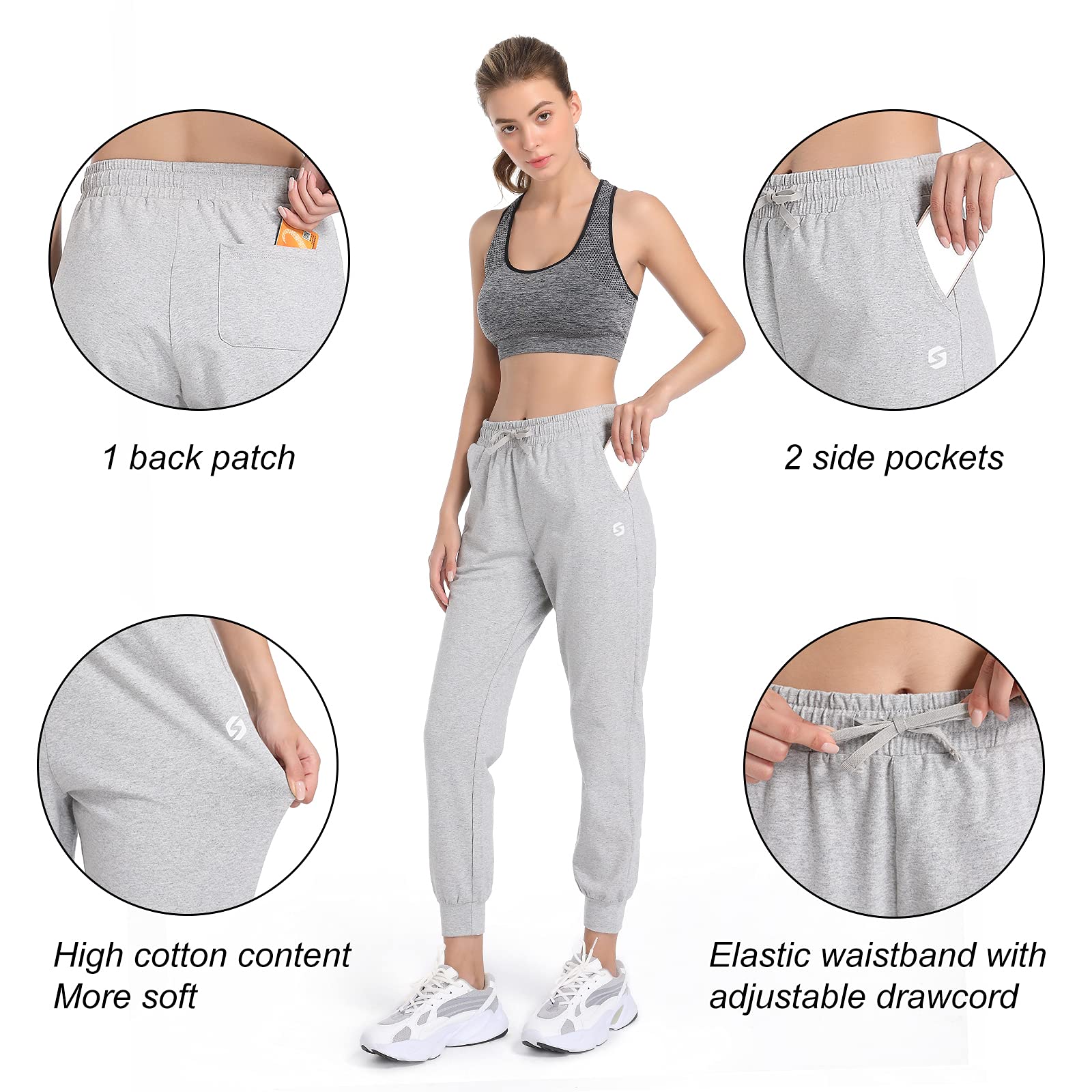 S Spowind Women's Cotton Jogger Sweat Pants with Pockets Lightweight Tapered Track Sweatpants for Running Athletic Yoga Lounge Black
