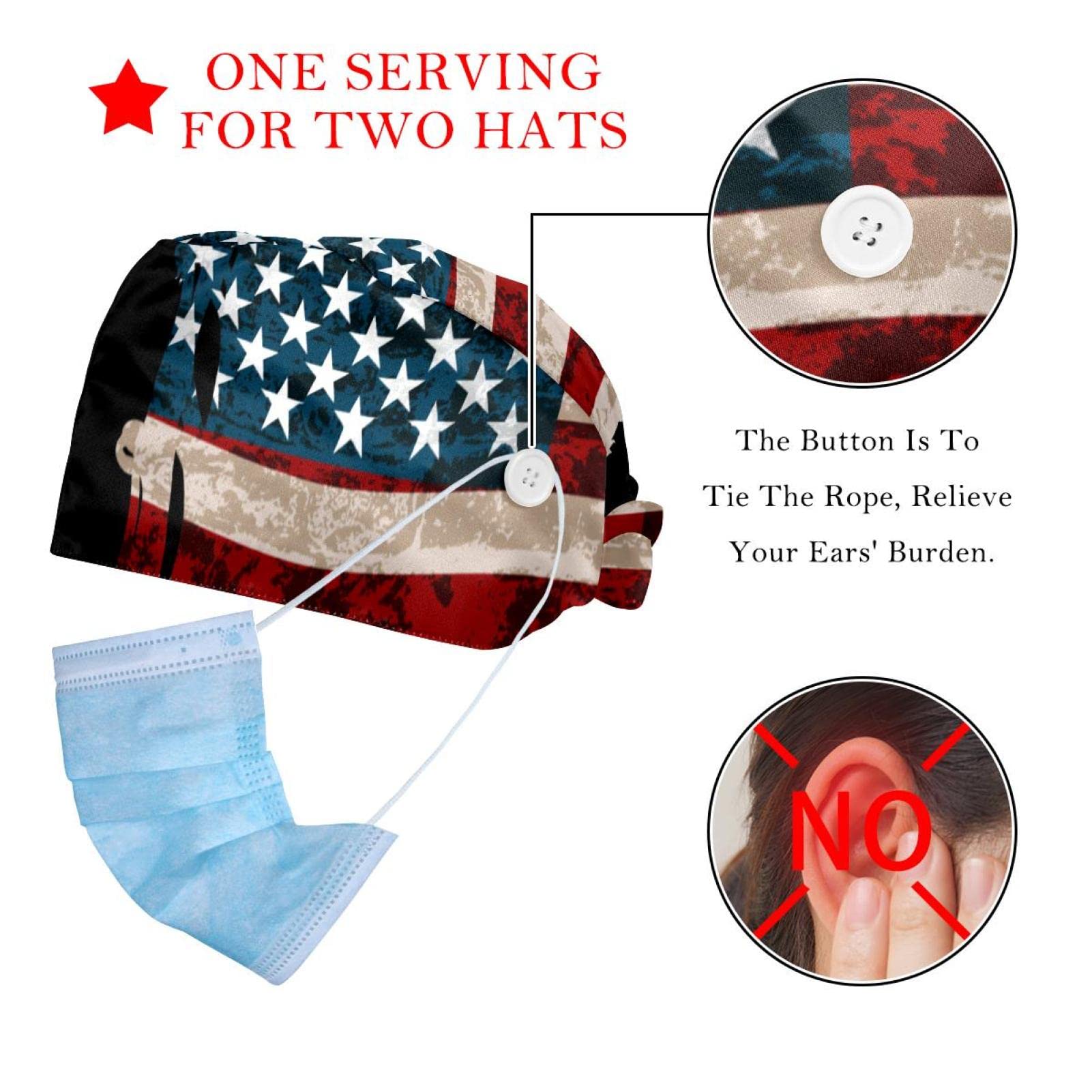 Pshhdgyhs 2 Pcs Adjustable Working Cap with Button, American striped flag Surgical Sweatband, Tie Back Hats for Women & Men Multicoloured 17, Hat diameter is 18cm/7in