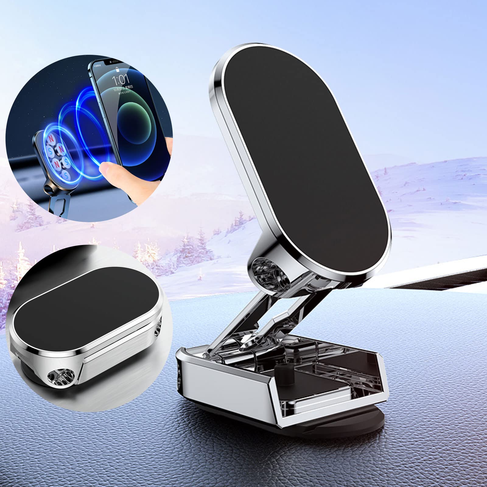 Ylahdent 2023 New Alloy Folding Magnetic Car Phone Holder, 360° Adjustable - 6 Strong Magnet Magnetic Car Phone Mount Dashboard Folding Bracket Universal (Silver)