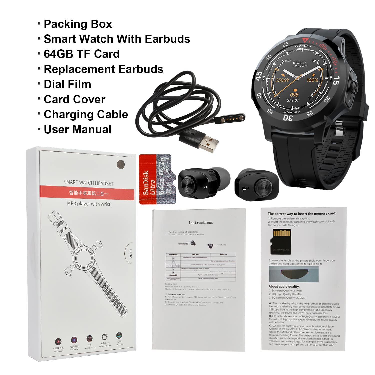 Smart Watch with Earbuds,2 in 1 Fitness Tracker with 64GB Memory 1.3 Inch Drinking Water Reminder Touch HD Screen for iPhone Samsung Android Phones