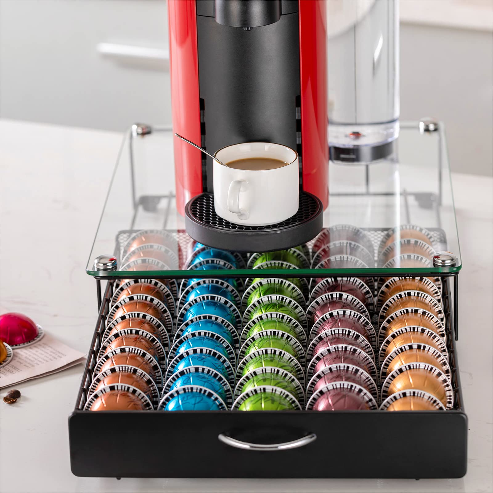 Rice rat Coffee Vertuo Capsule Holder Drawer for Nespresso With Glass For Cabinet Vertuoline Pod Storage Rack For Counter (Class-50 Pods(With handle))